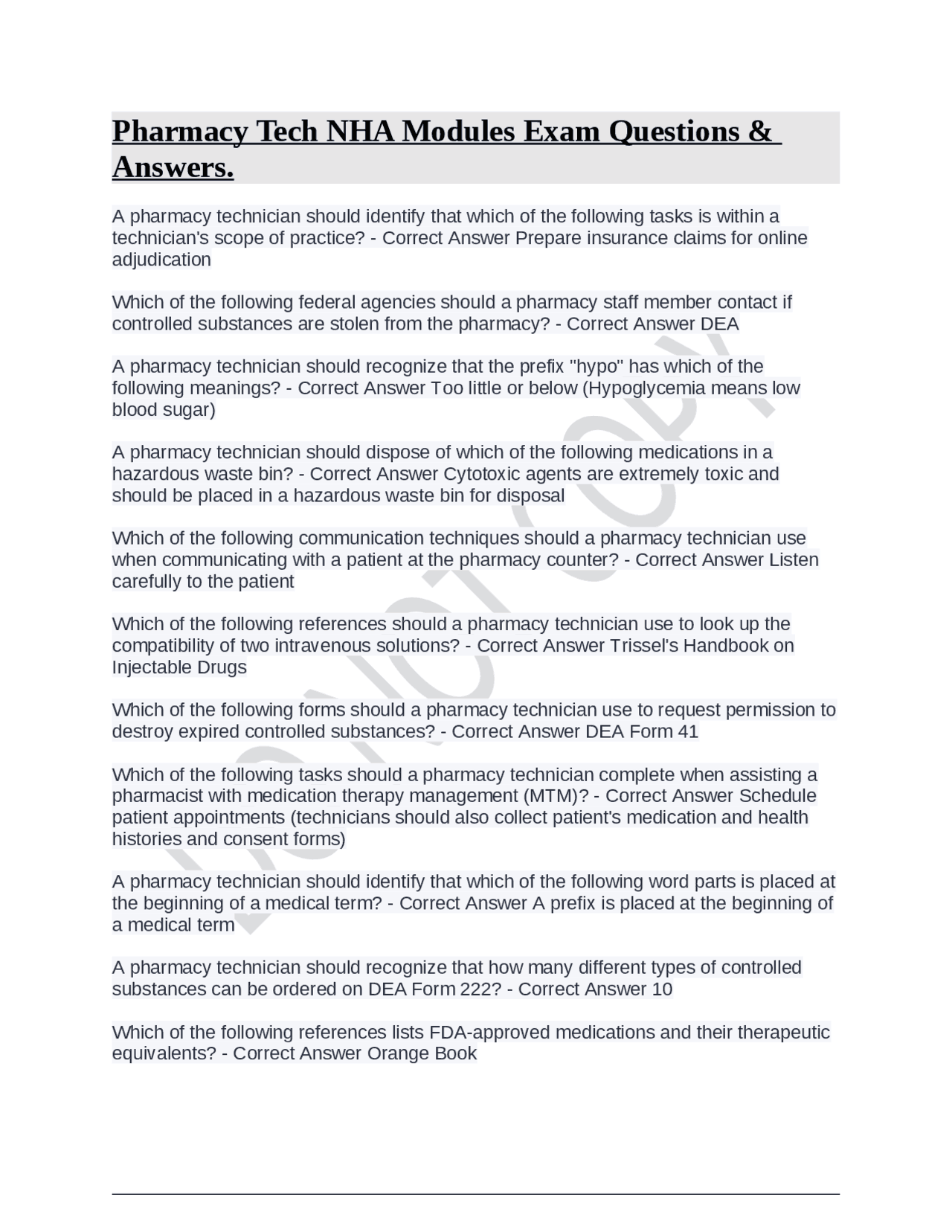 Pharmacy Tech NHA Modules Exam Questions & Answers. | Exams Pharmacy ...