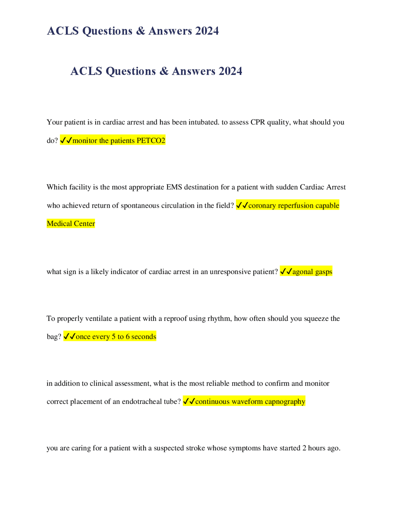 ACLS Questions & Answers 2024 - Prof. Tutor | Exams Nursing | Docsity