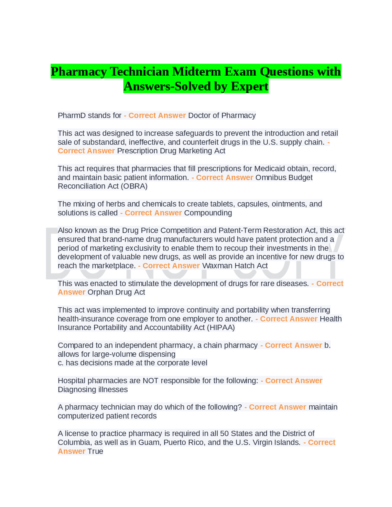 Pharmacy Technician Midterm Exam Questions with Answers-Solved by ...