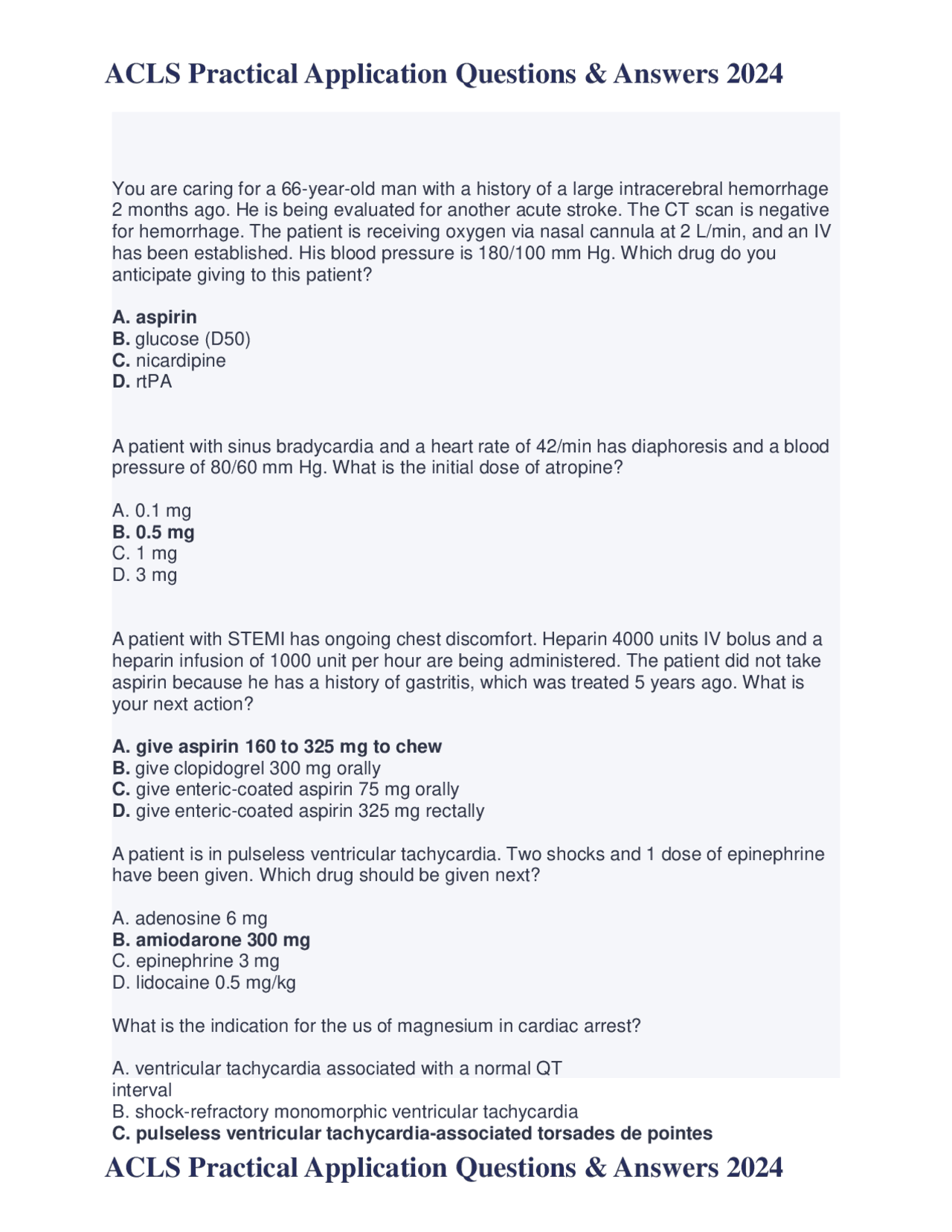 ACLS Practical Application Questions & Answers 2024 | Exams Nursing | Docsity