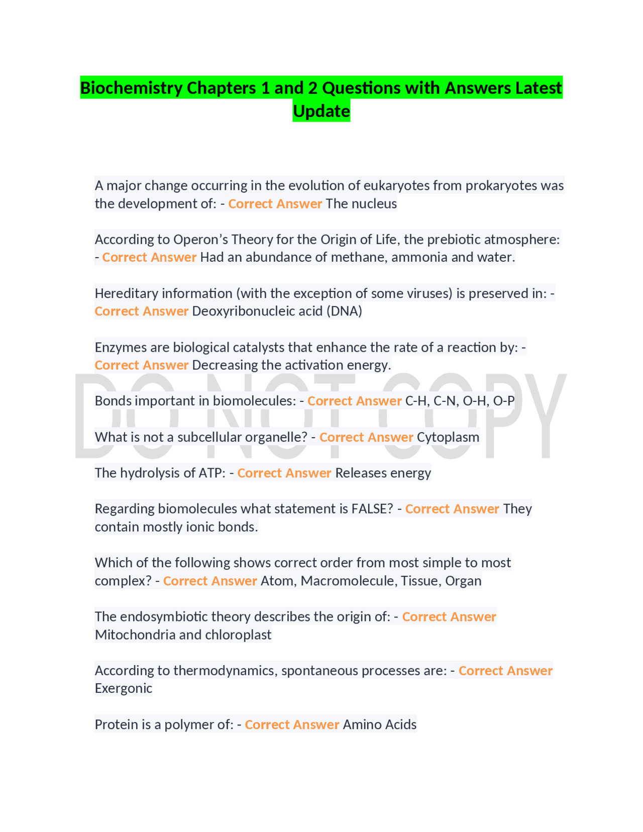 Biochemistry Chapters 1 and 2 Questions with Answers | Exams ...