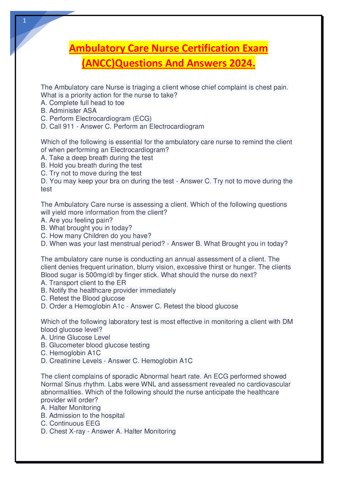 Ambulatory Care Nurse Certification Exam (ANCC)Questions And Answers ...