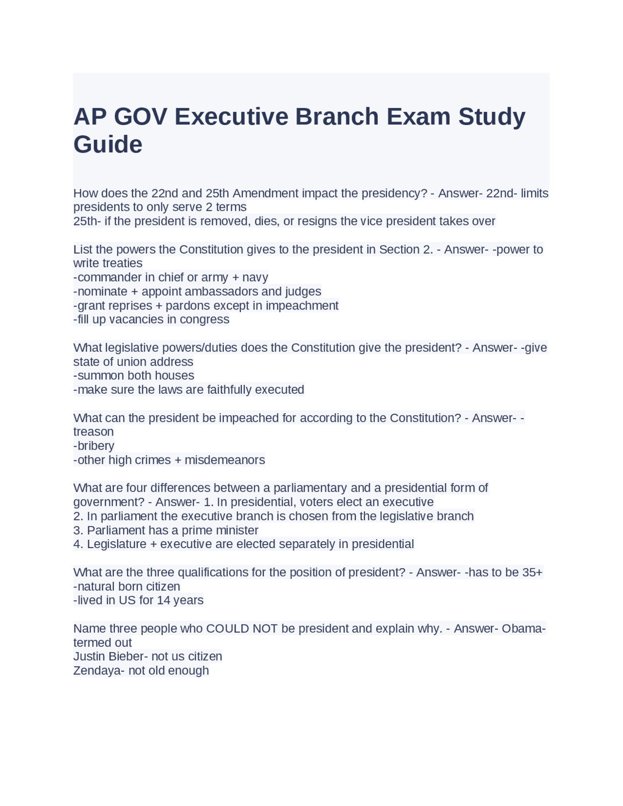Executive Branch Exam Study Guide | Exams Advanced Education | Docsity