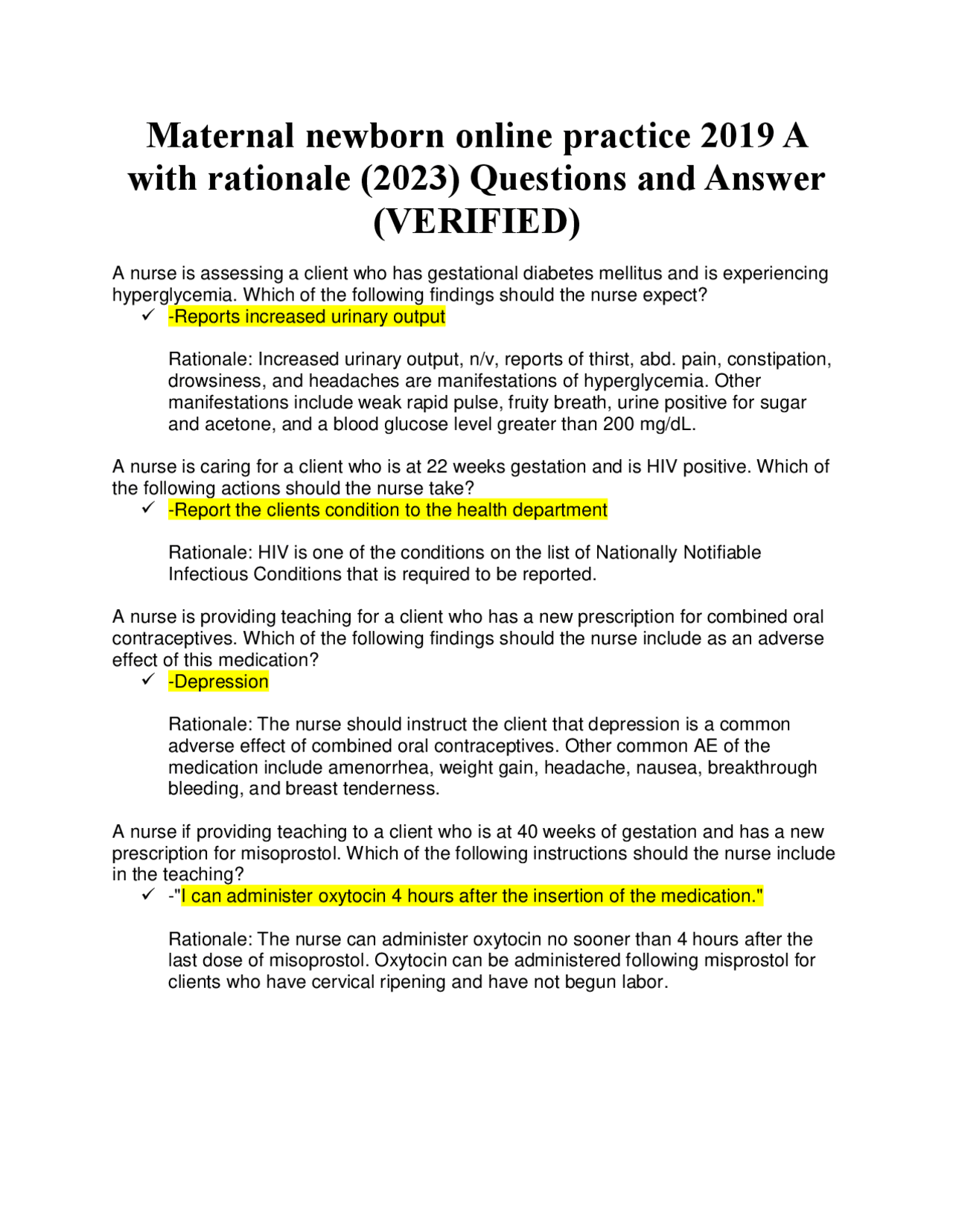 Maternal newborn online practice 2019 A with rationale (GRADED A ...