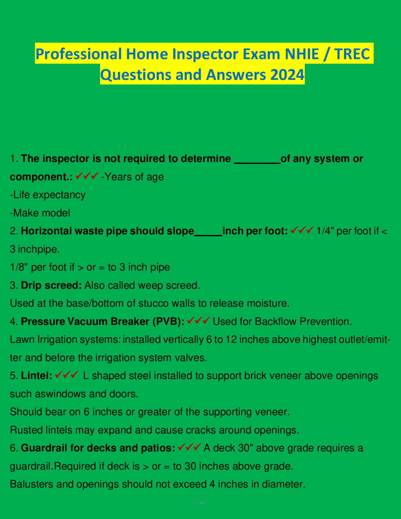 Professional Home Inspector Exam NHIE / TREC Questions and Answers 2024 ...