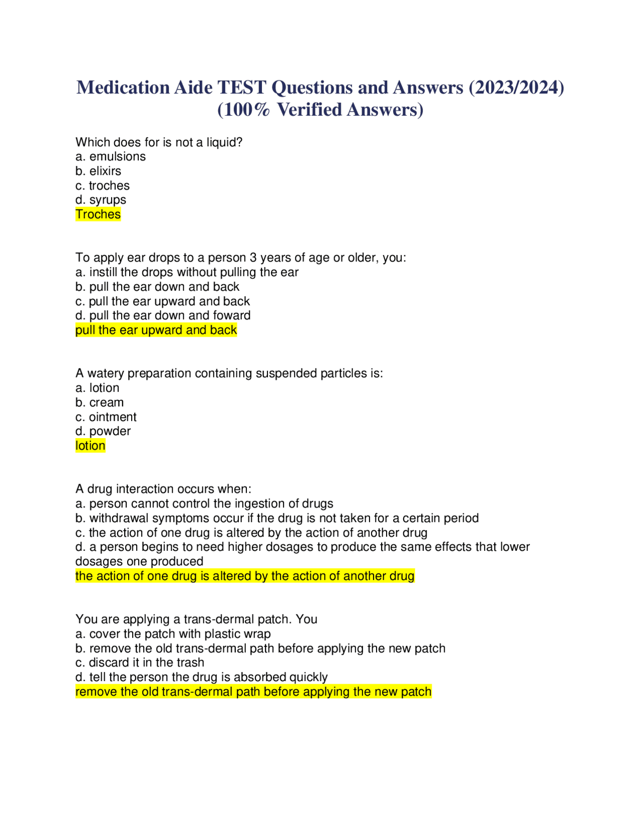 Medication Aide TEST Questions and Answers (100% Verified Answers ...