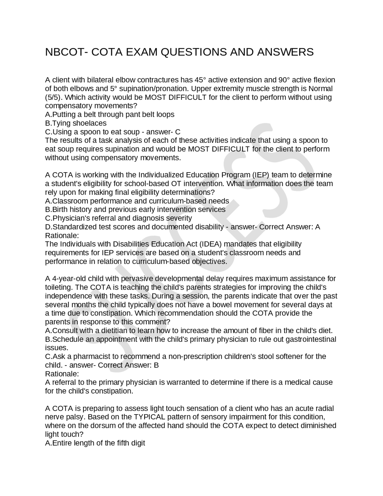 NBCOT- COTA EXAM QUESTIONS AND ANSWERS | Exams Nursing | Docsity