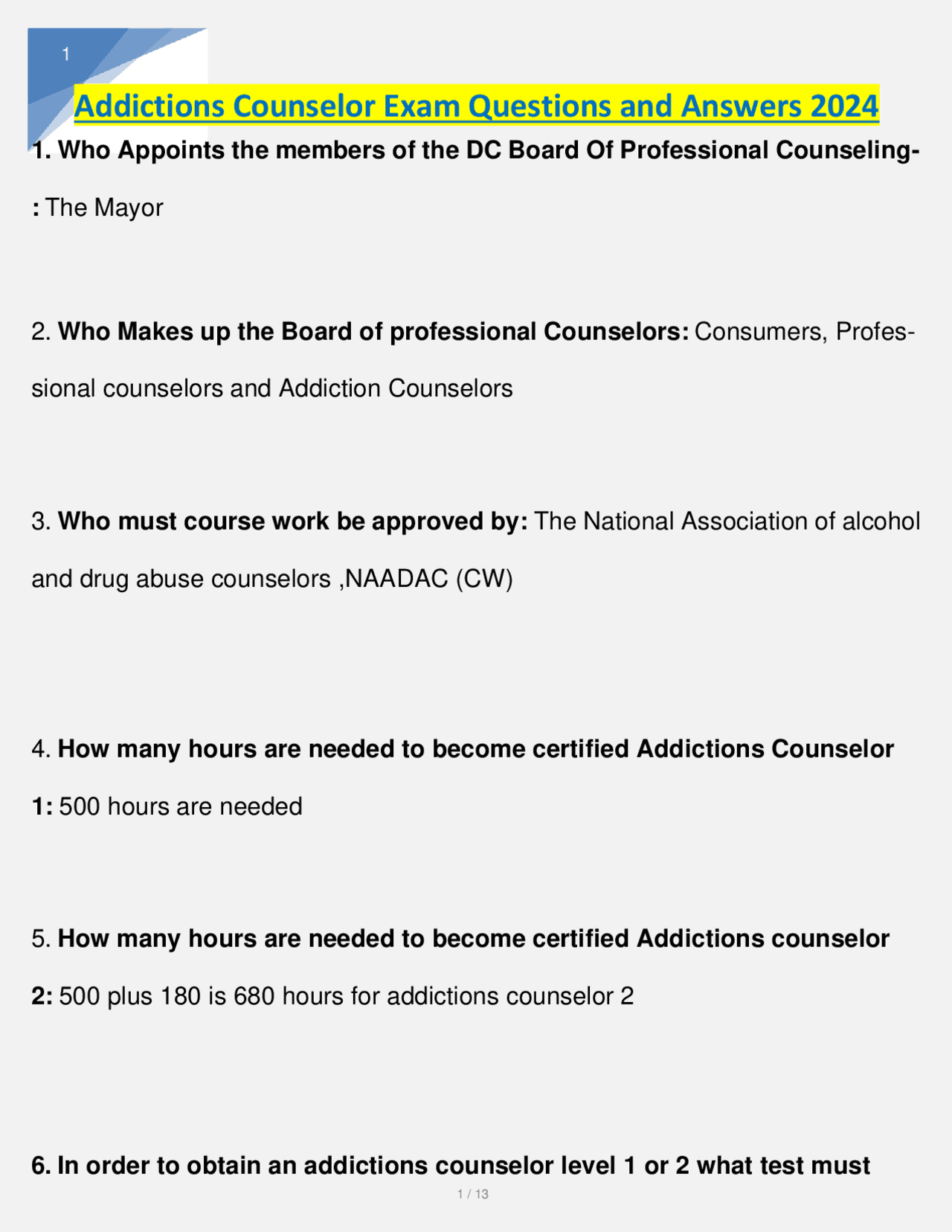 Addiction Counselor Certification and Ethics | Exams Nursing | Docsity