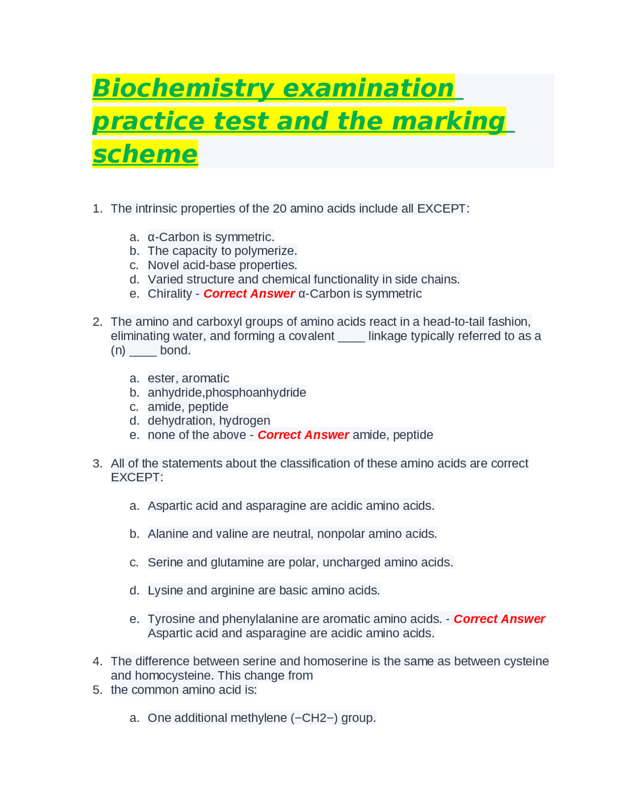 Biochemistry Examination Practice Test and Marking Scheme | Exams ...