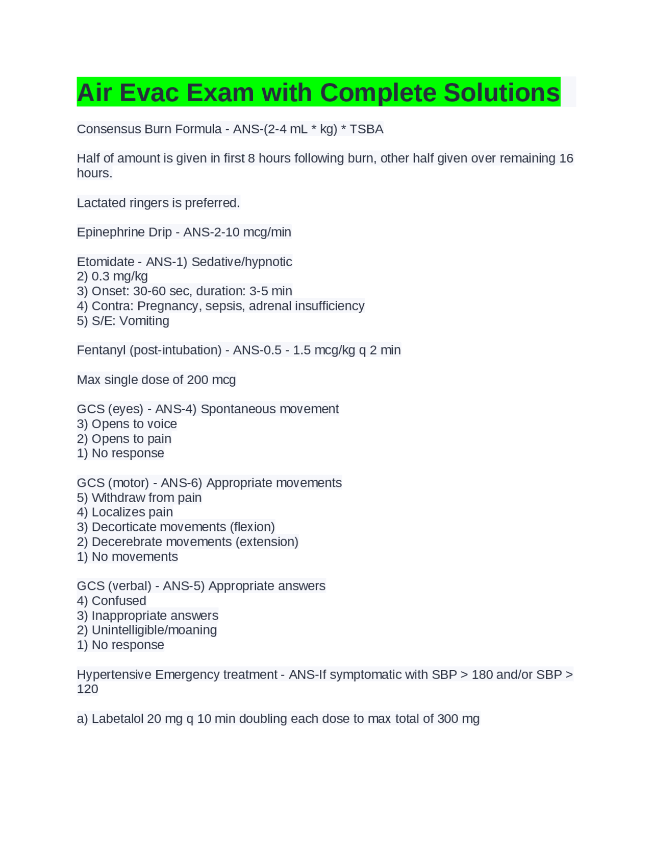 Air Evac Exam with Complete Solutions | Exams Advanced Education | Docsity