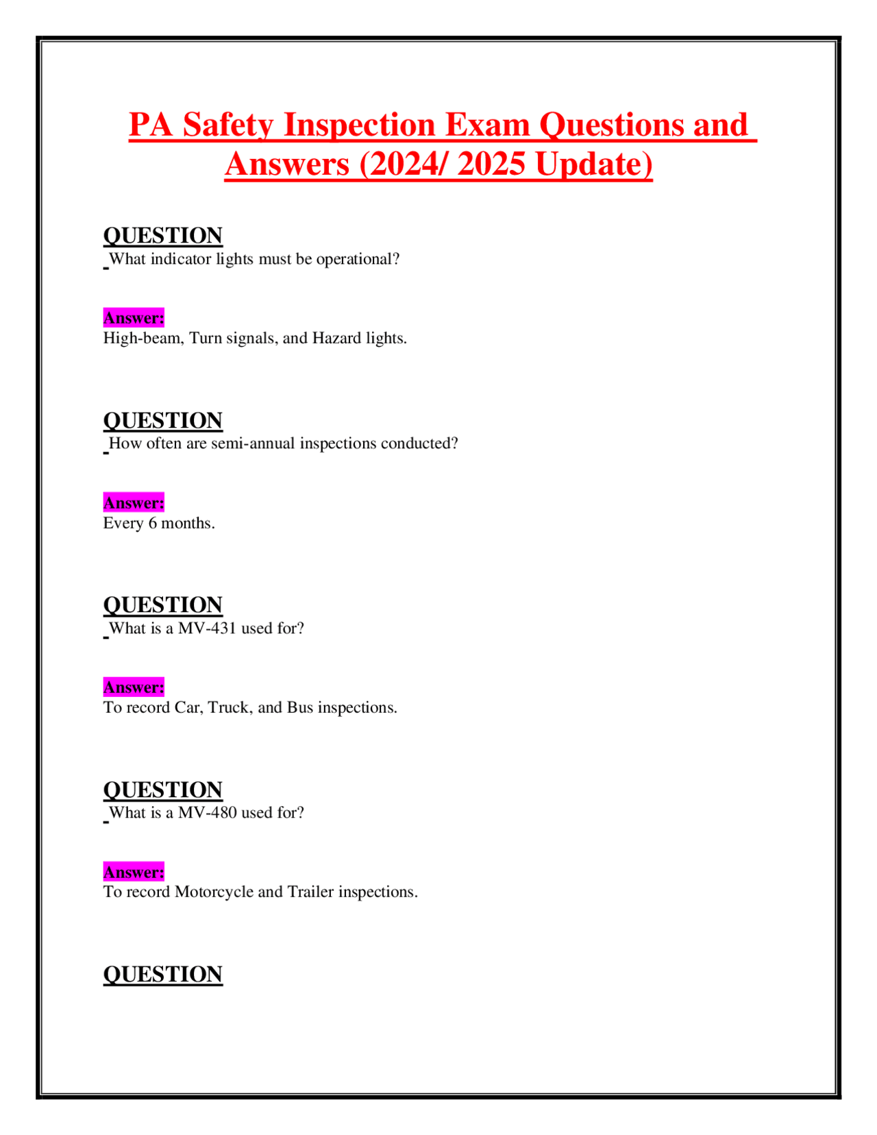 PA Safety Inspection Exam Questions and Answers (2024/ 2025 Update ...