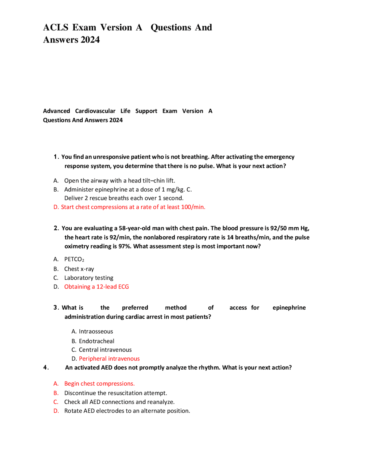 ACLS Exam Version A Questions And Answers 2024 - Prof. Tutor | Exams ...