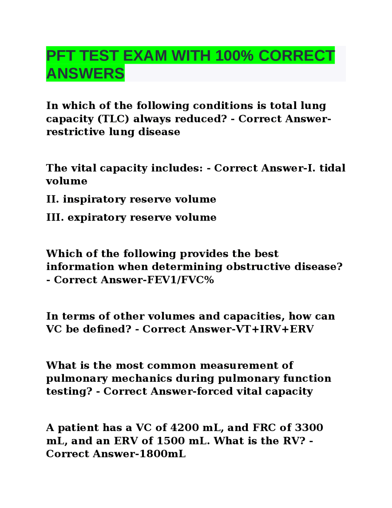 Pulmonary Function Test (PFT) Exam with Correct Answers | Exams ...