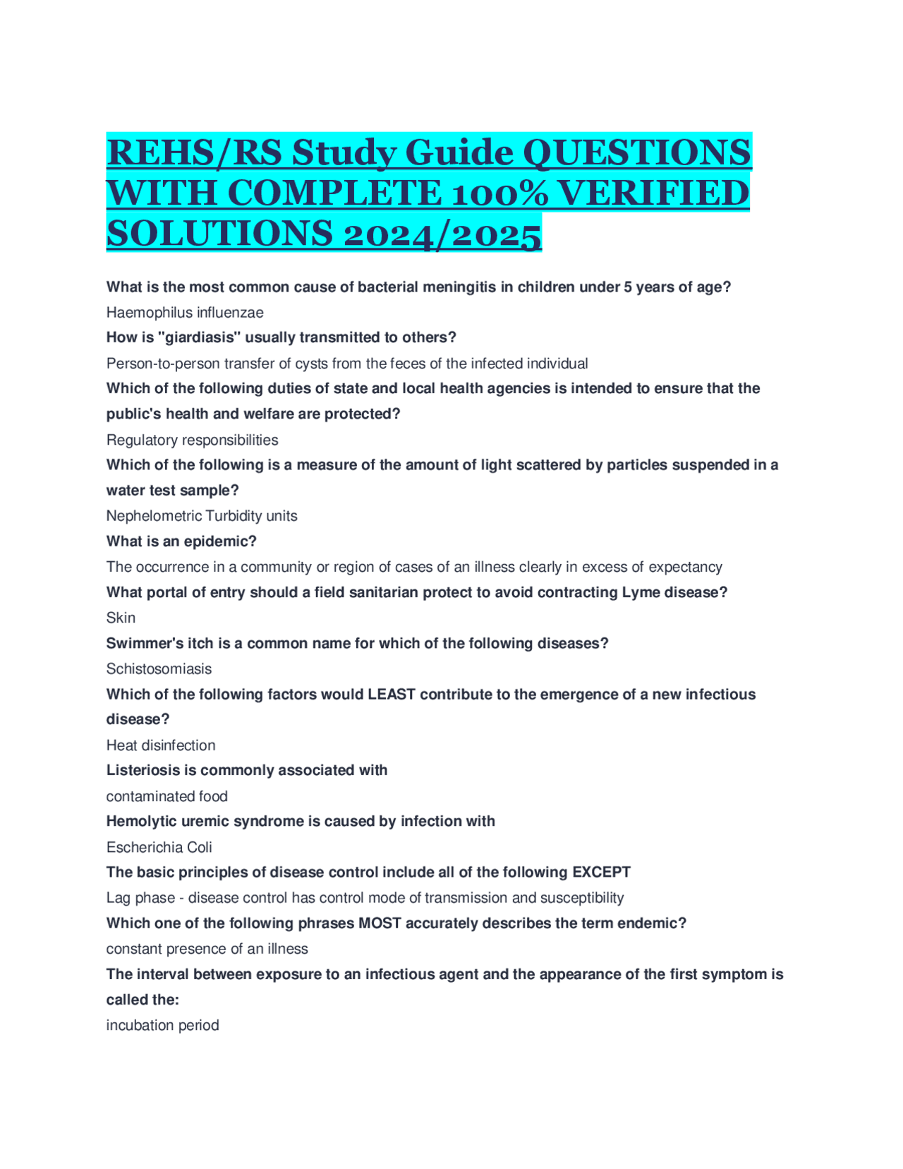 REHS/RS Study Guide QUESTIONS WITH COMPLETE 100% VERIFIED SOLUTIONS ...