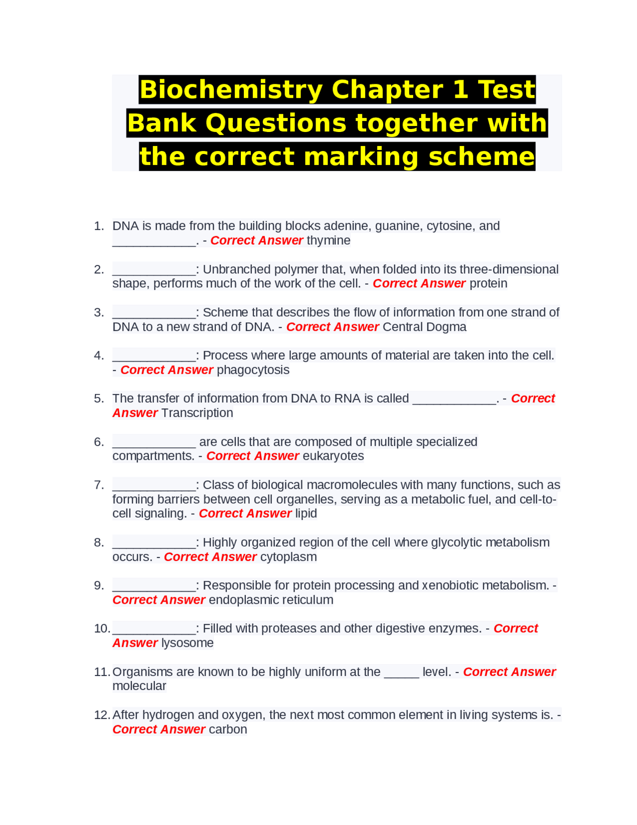 Biochemistry Chapter 1 Test Bank Questions | Exams Biochemistry | Docsity