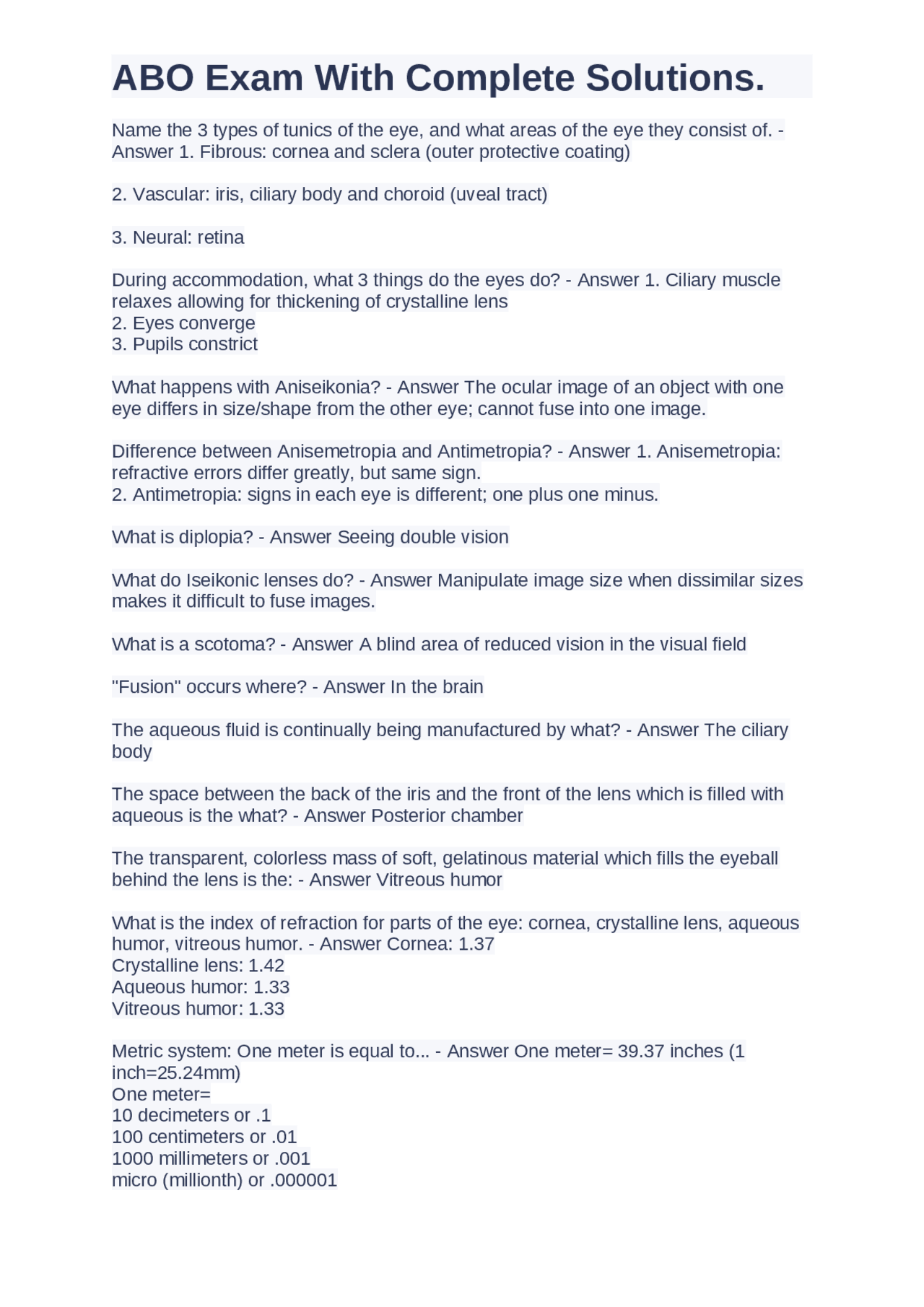 ABO Exam With Complete Solutions.. | Exams Nursing | Docsity