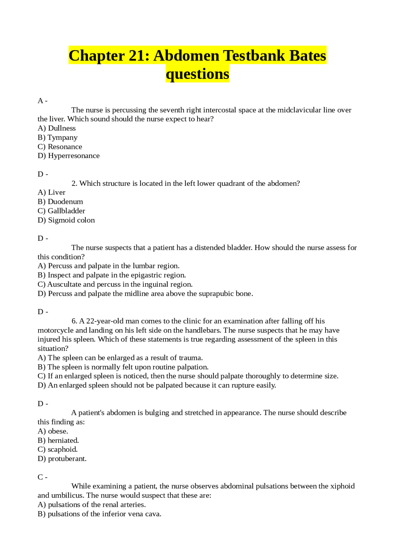 Abdomen Testbank Bates | Exams Nursing | Docsity