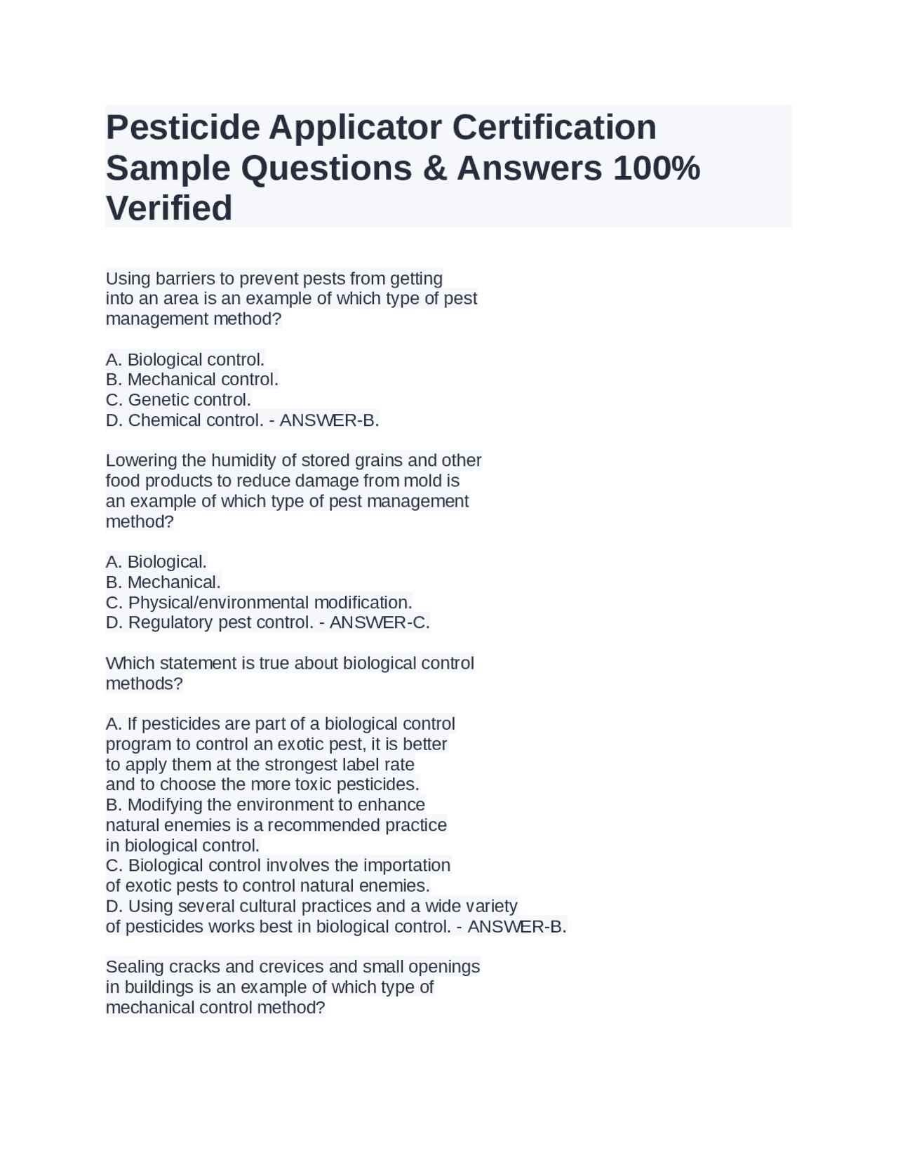 Pesticide Applicator Certification Sample Questions & Answers 100% ...