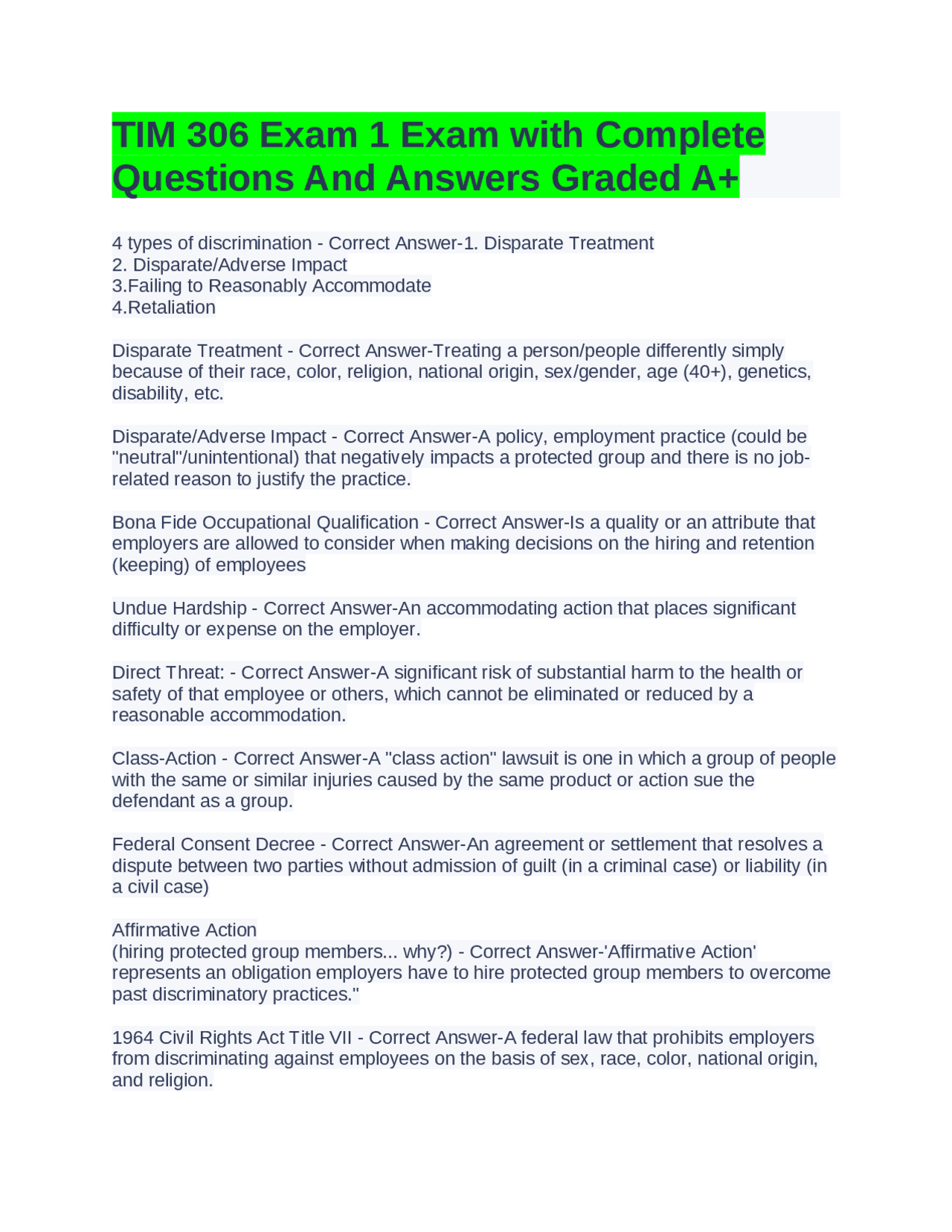 TIM 306 Exam 1 Exam with Complete Questions And Answers Graded A+ ...