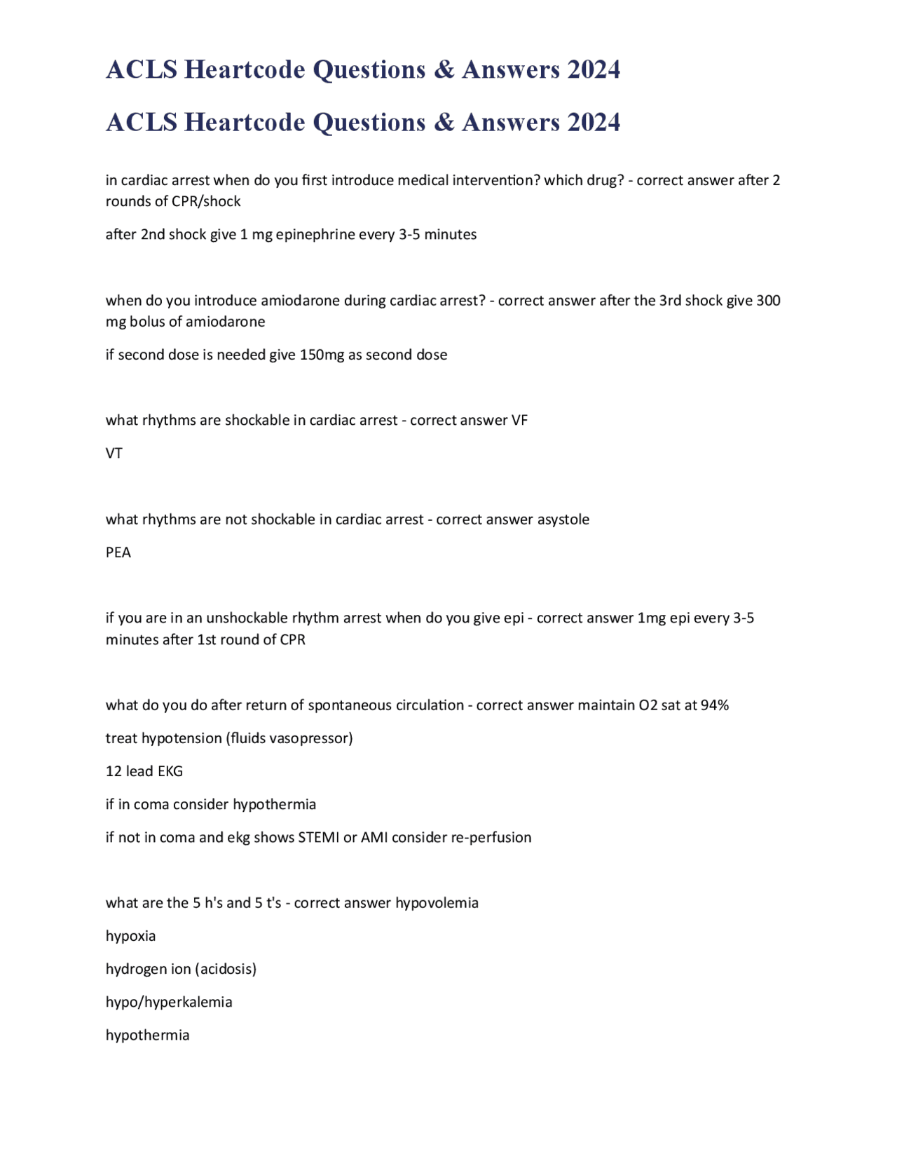 ACLS Heartcode Questions & Answers 2024 - Prof. Tutor | Exams Nursing ...