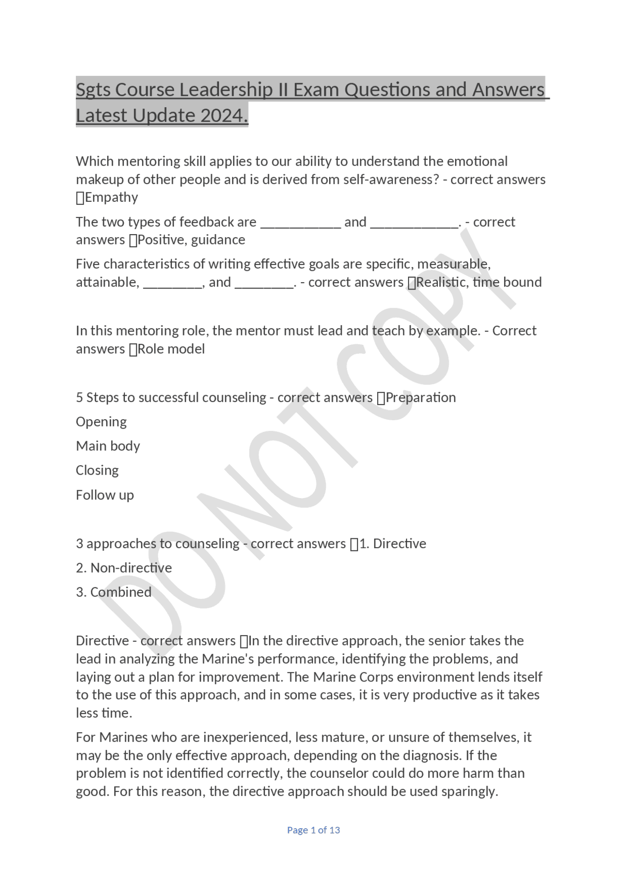 Sgts Course Leadership II Exam Questions and Answers Latest Update 2024 ...