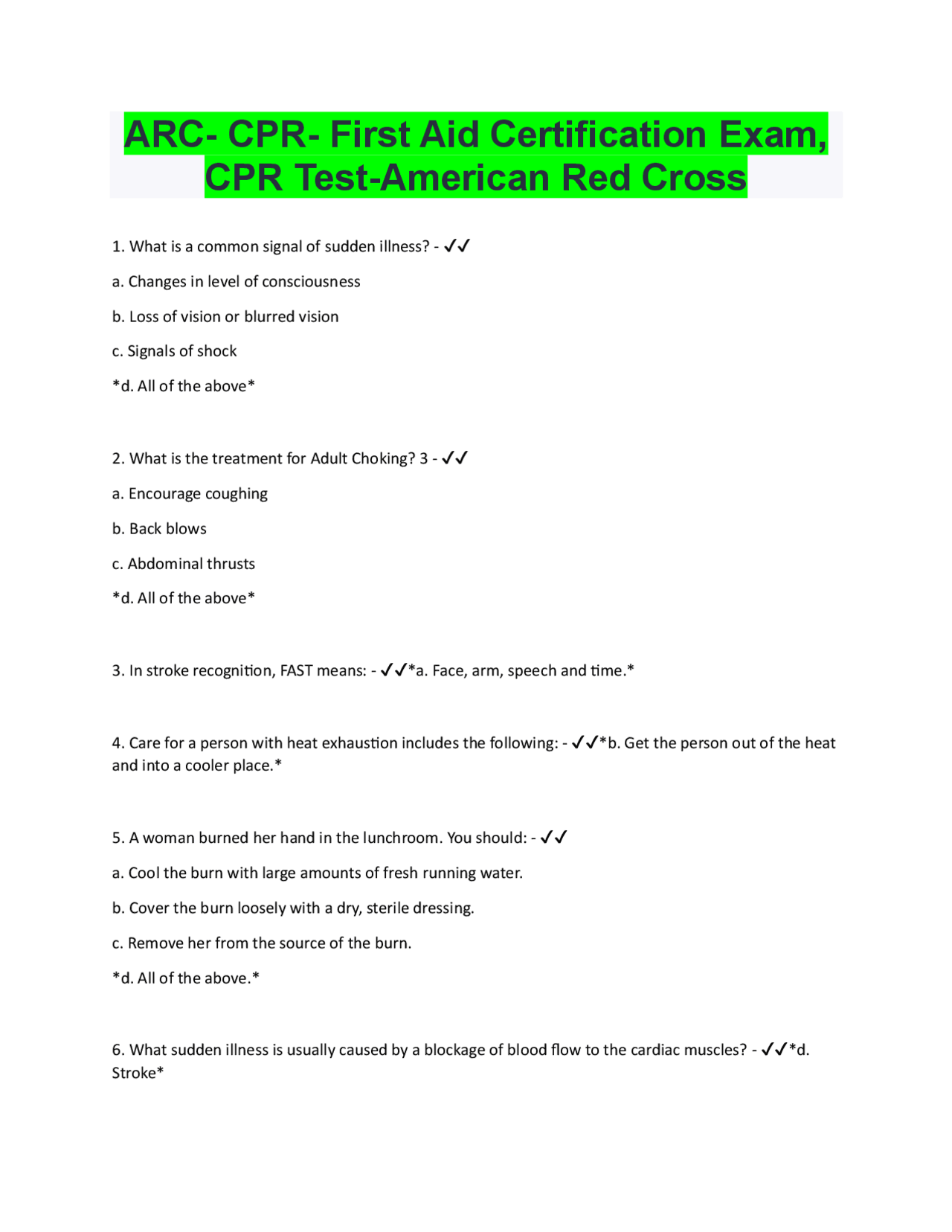 ARC- CPR- First Aid Certification Exam, CPR Test-American Red Cross ...