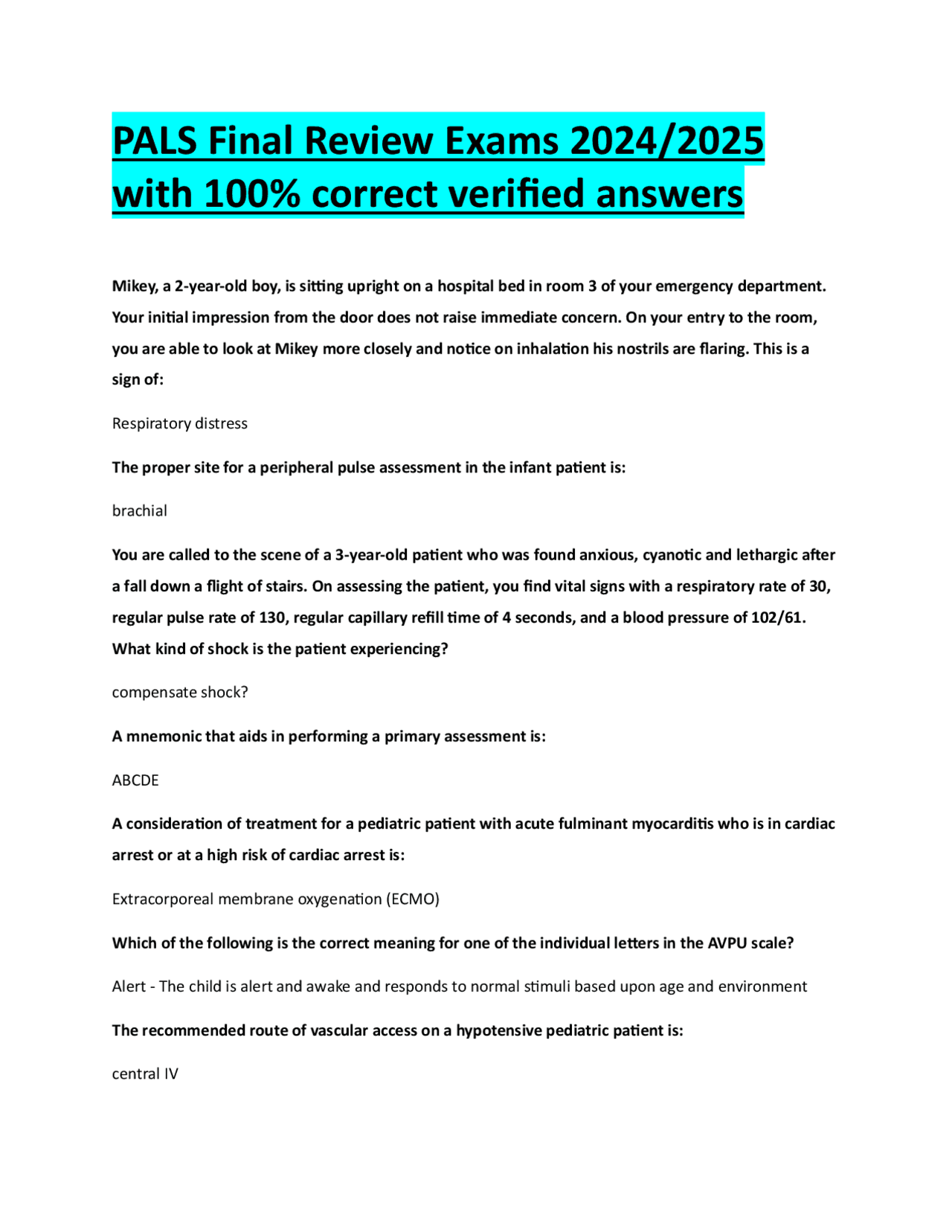PALS Final Review Exams 2024/2025 with 100% correct verified answers ...