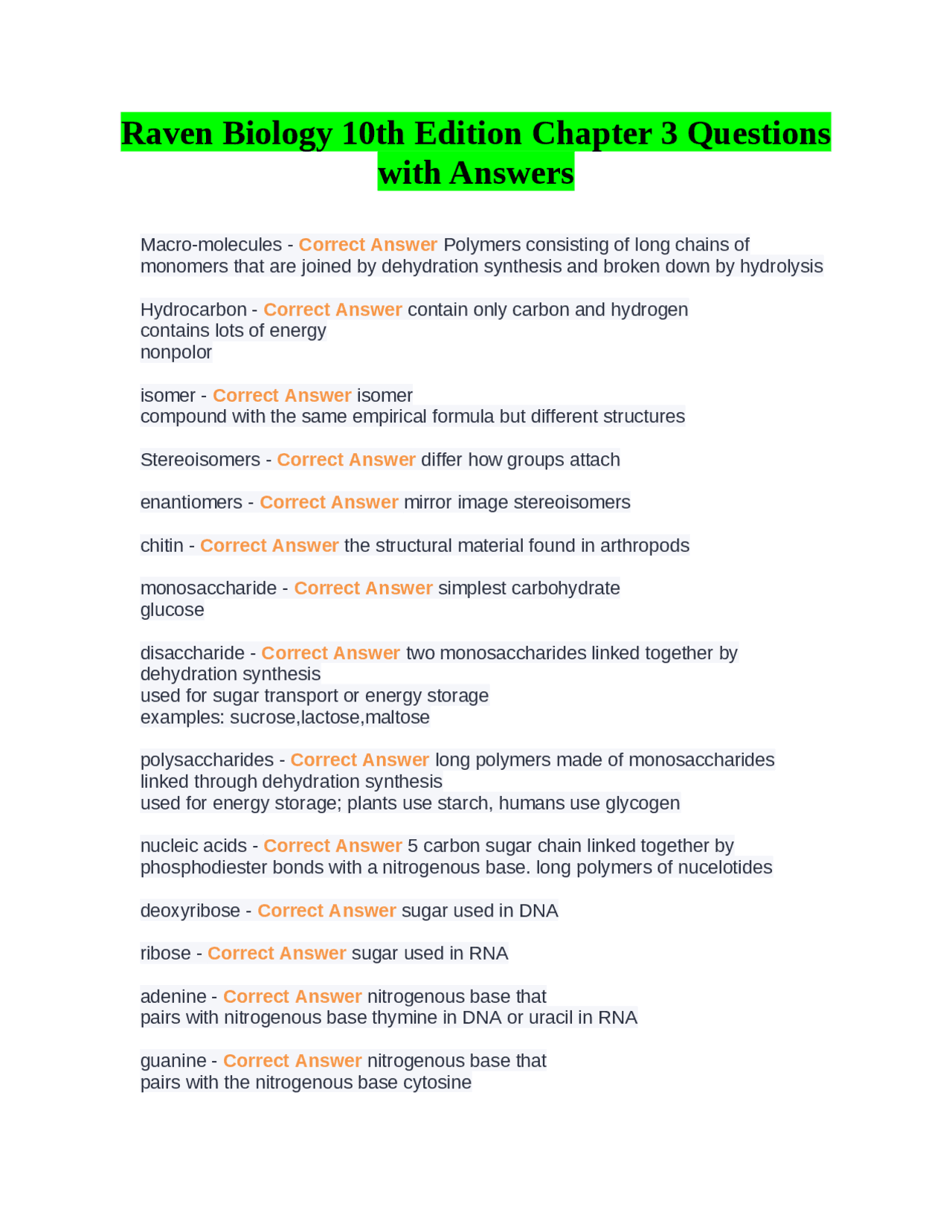 Raven Biology 10th Edition Chapter 3 Questions and Answers | Exams ...