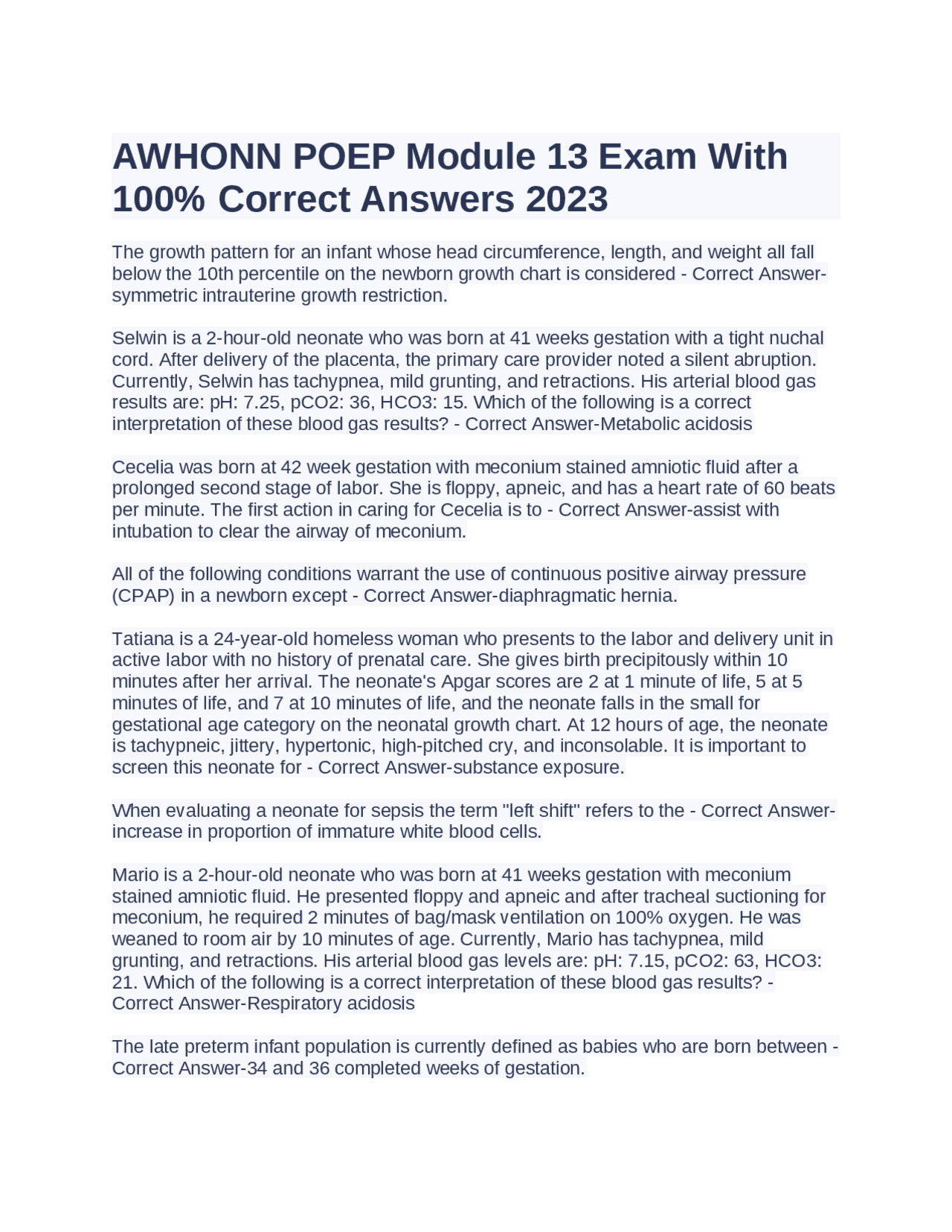AWHONN POEP Module 13 Exam With 100% Correct Answers 2023 | Exams ...