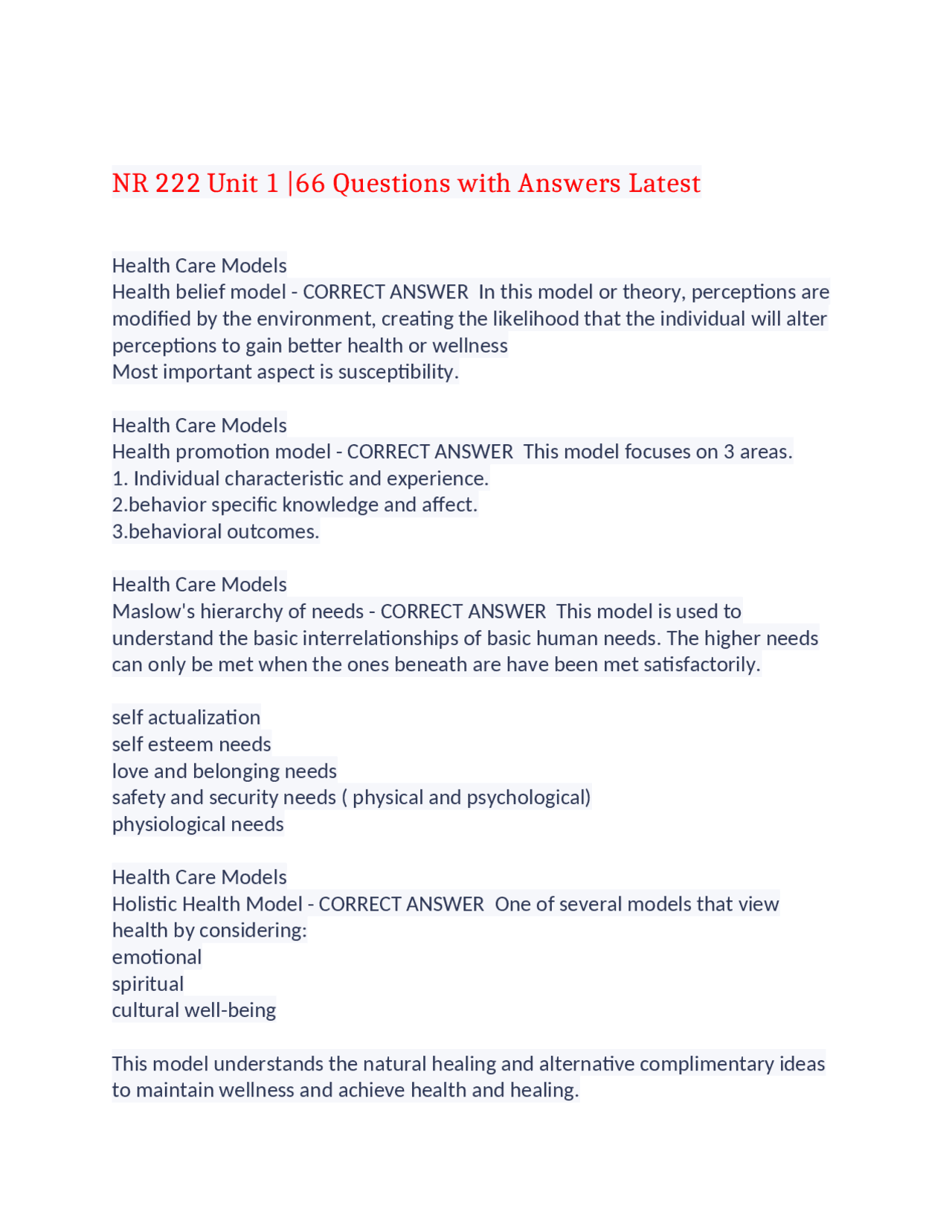 Health Care Models and Nursing Roles | Exams Nursing | Docsity