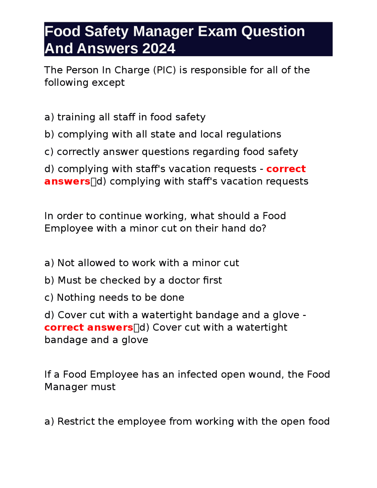 Food Safety Manager Exam Questions and Answers 2024 | Exams Nursing ...