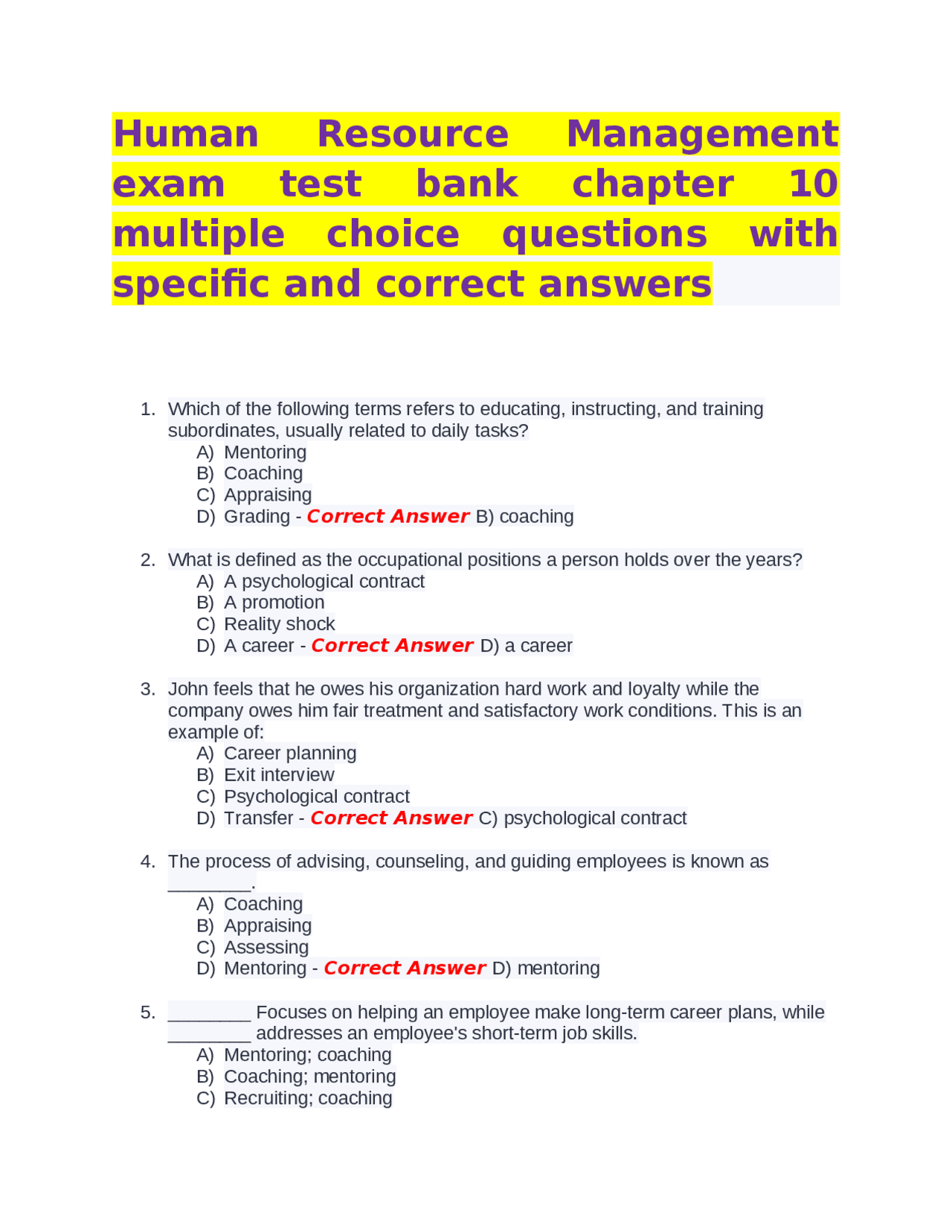 Human Resource Management exam test bank chapter 10 multiple choice ...