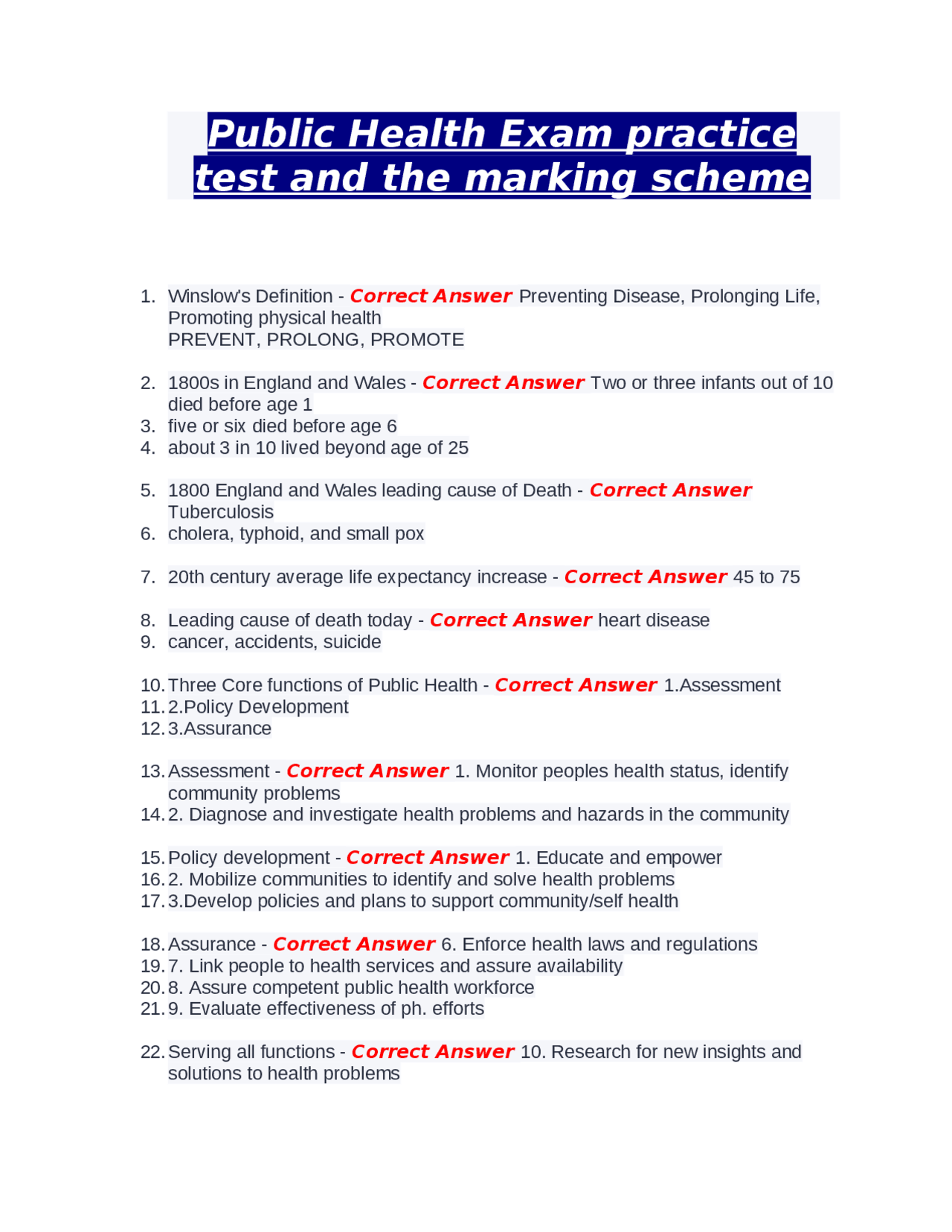 Public Health: Preventing Disease, Promoting Health | Exams Public Health | Docsity