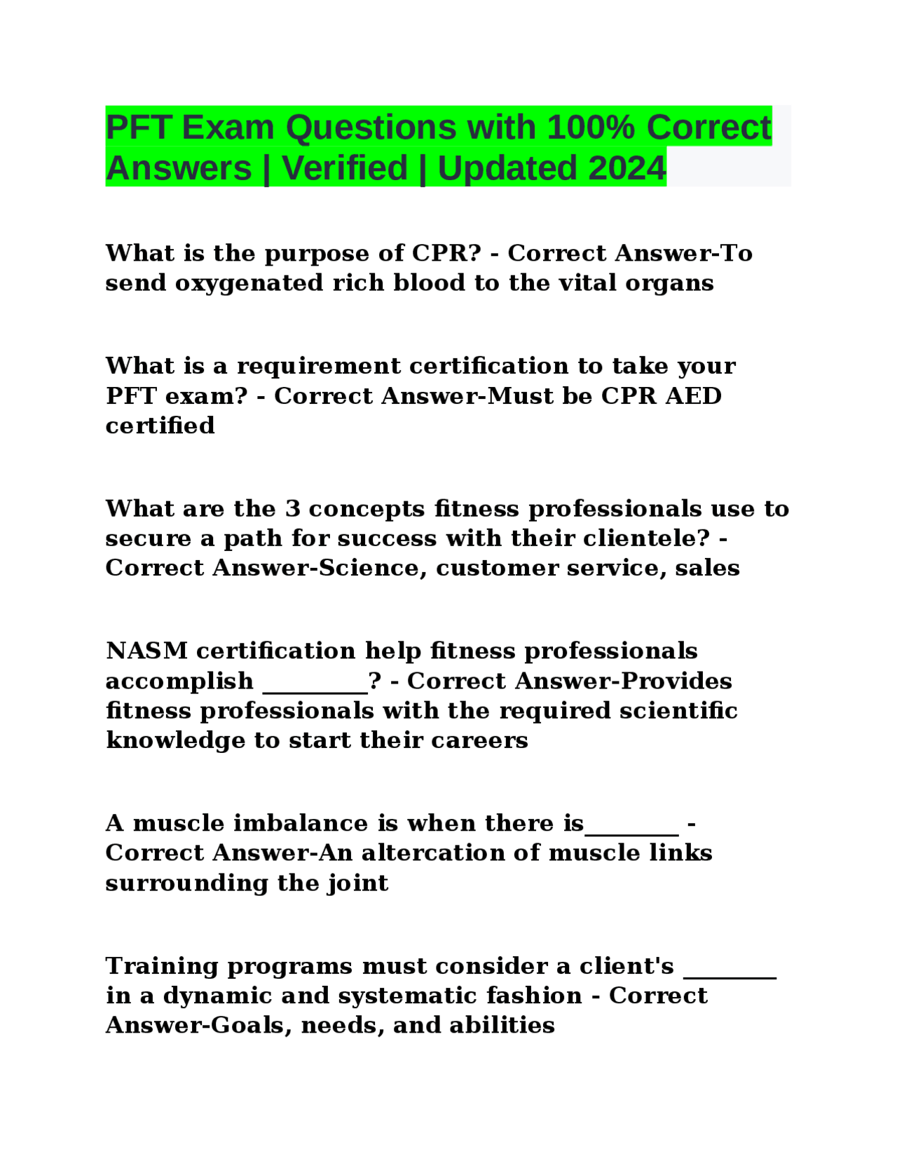 PFT Exam Questions with 100% Correct Answers | Exams Advanced Education ...