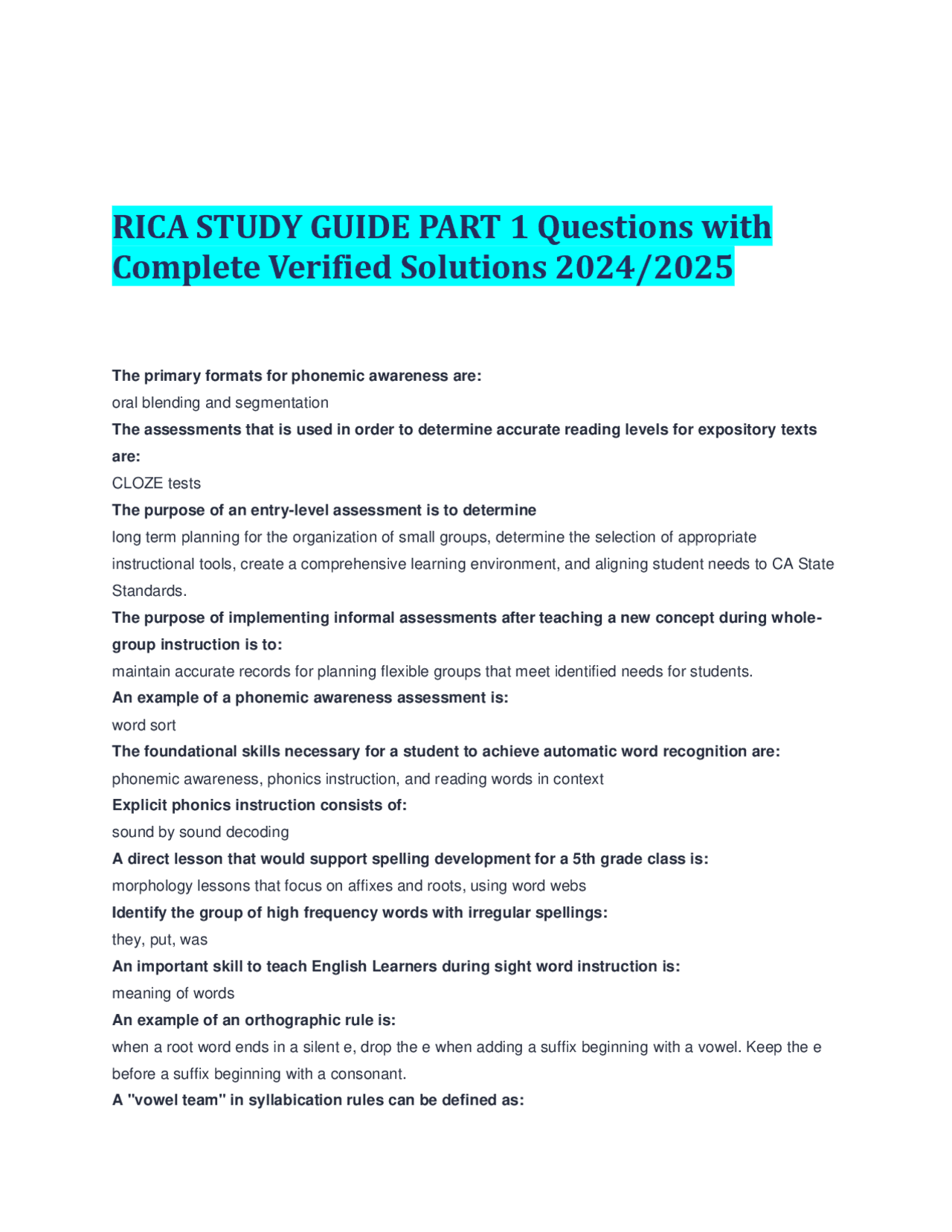RICA Study Guide Part 1: Questions with Complete Verified Solutions ...