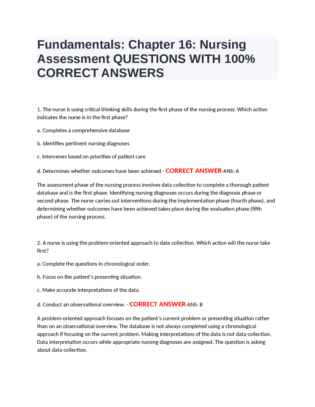 Nursing Process and Data Collection | Exams Nursing | Docsity