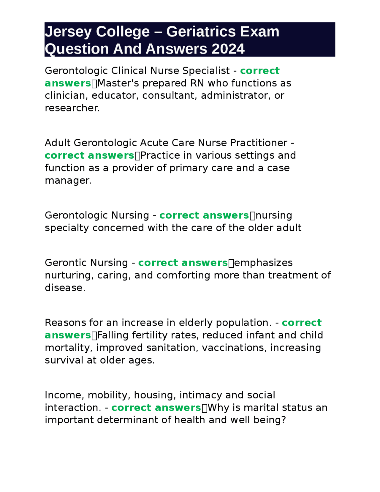 Geriatrics Exam Questions and Answers | Exams Nursing | Docsity