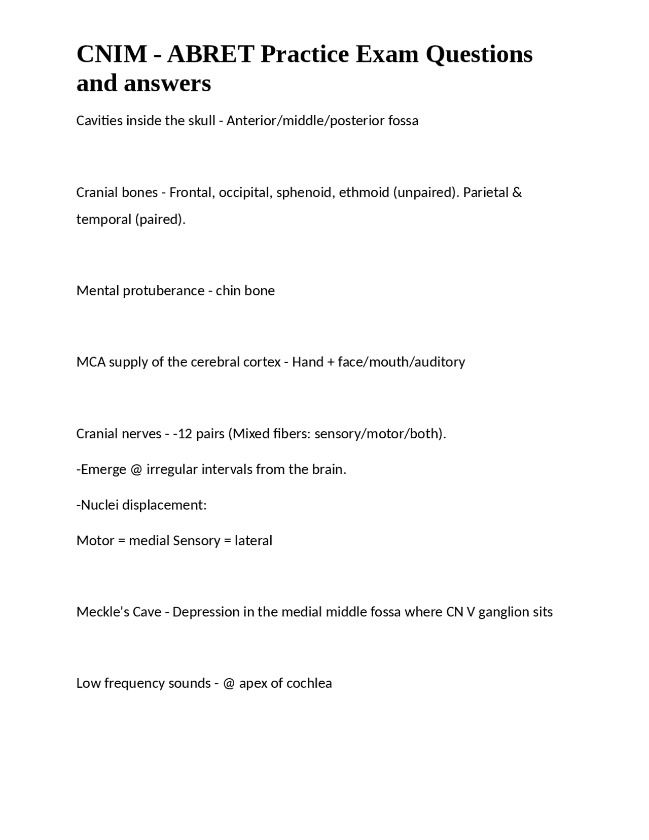 CNIM - ABRET Practice Exam Questions and answers | Exams Nursing | Docsity