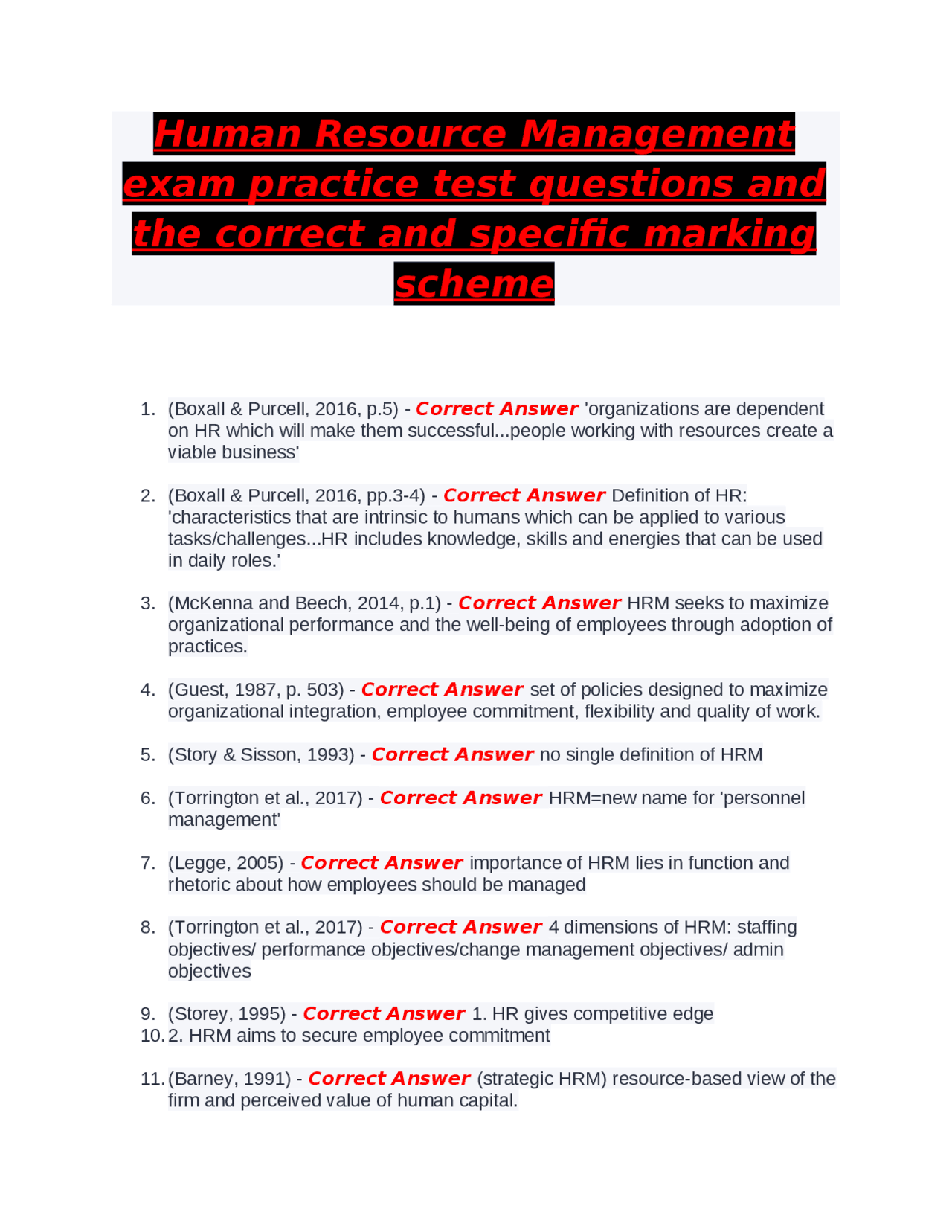 Human Resource Management exam practice test questions and the correct ...