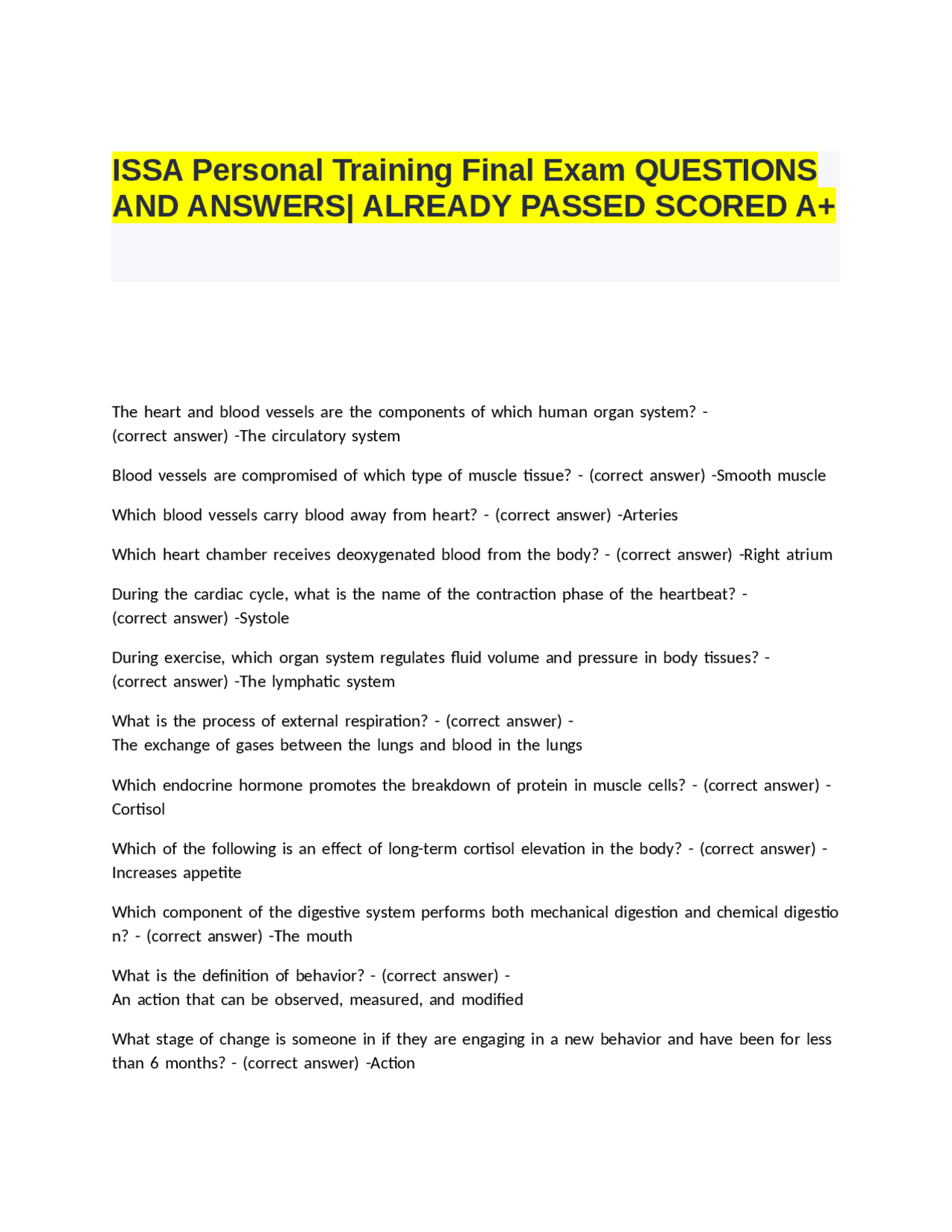 ISSA Personal Training Final Exam Questions and Answers | Exams Nursing ...