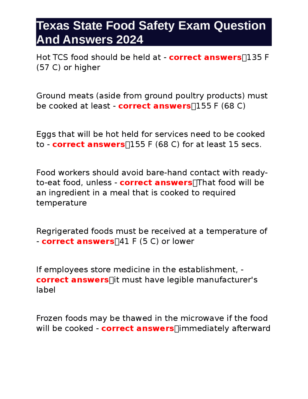 Texas State Food Safety Exam Question And Answers 2024 | Exams Nursing ...