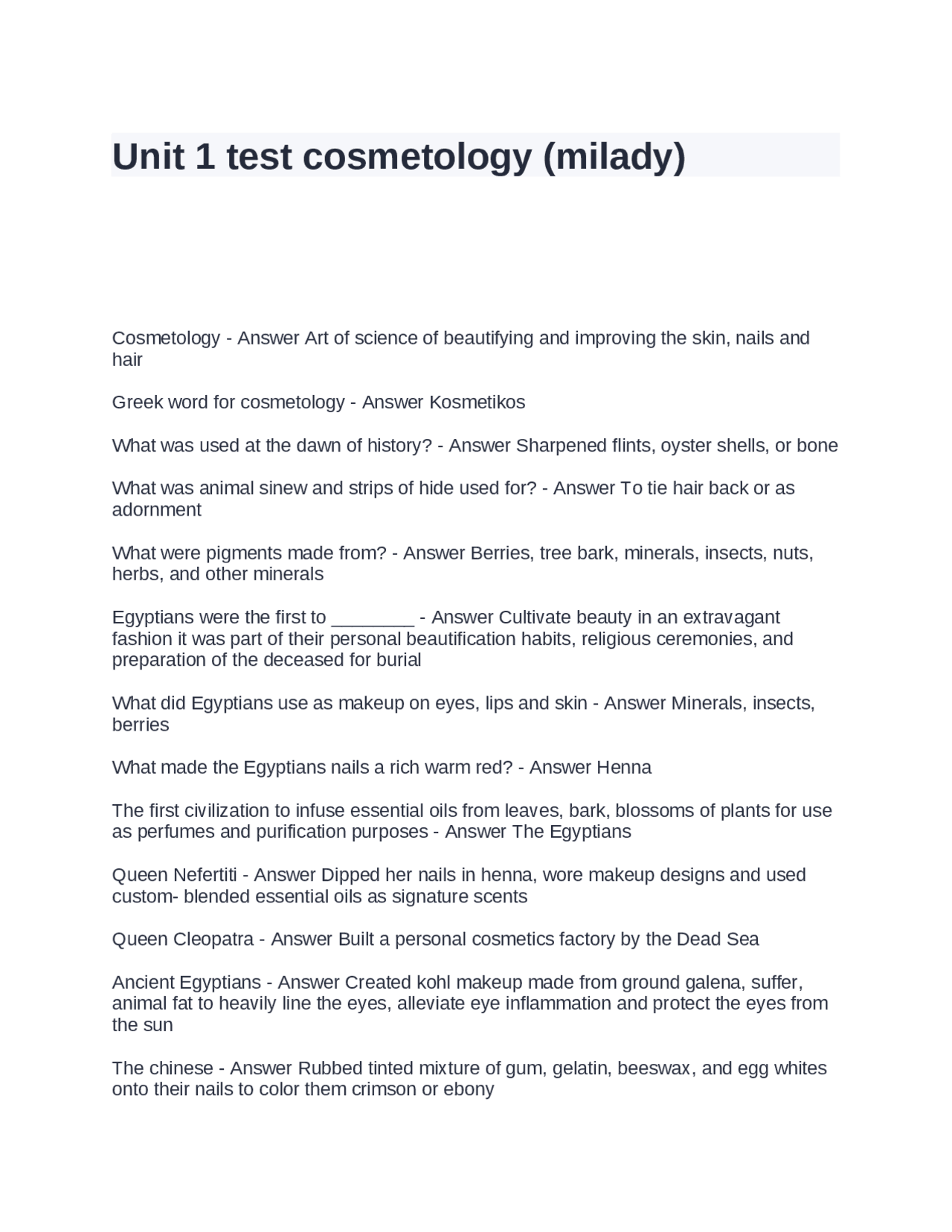 Unit 1 test Questions and Answers -cosmetology (milady) | Exams ...