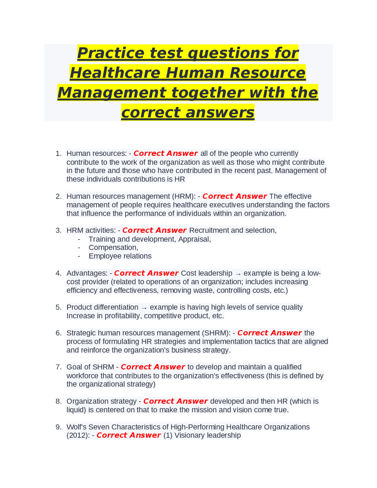 Practice test questions for Healthcare Human Resource Management ...