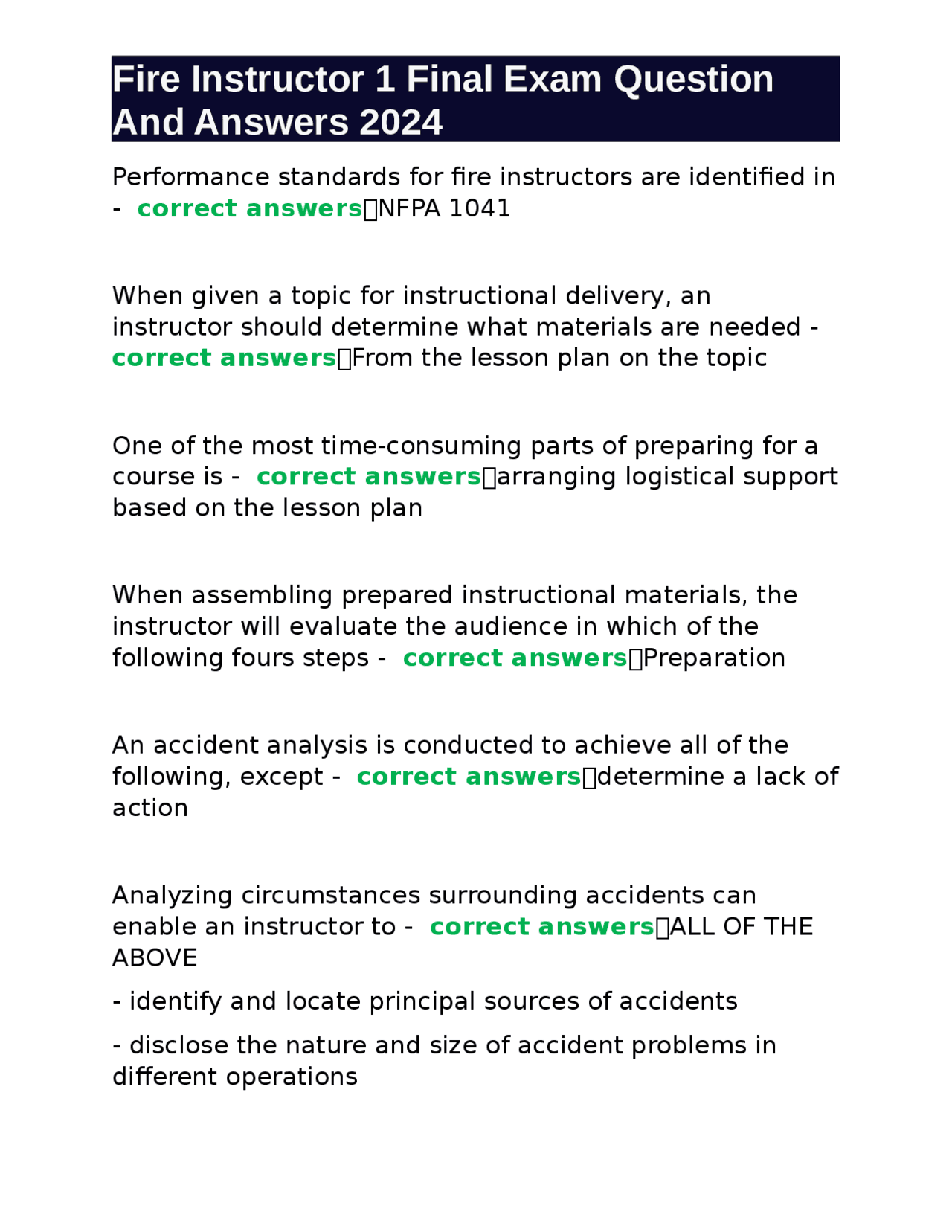 Fire Instructor 1 Final Exam Question And Answers 2024 | Exams Nursing ...