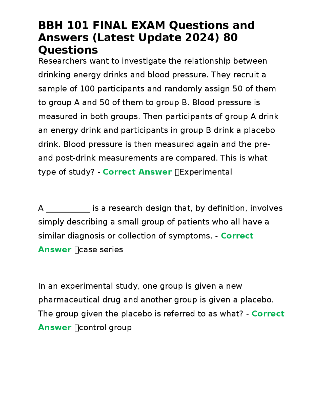 BBH 101 FINAL EXAM Questions and Answers (Latest Update 2024) 80 ...