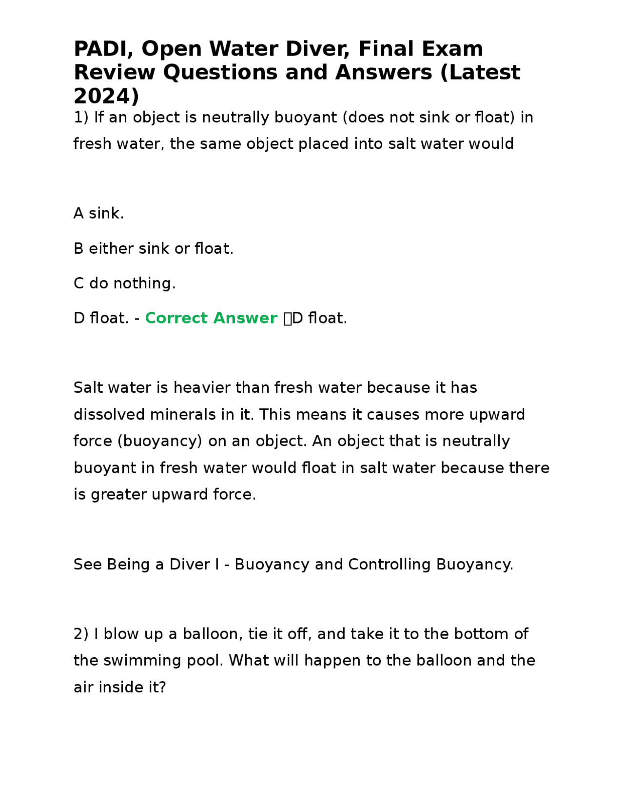 PADI Open Water Diver Final Exam Review Questions and Answers | Exams ...