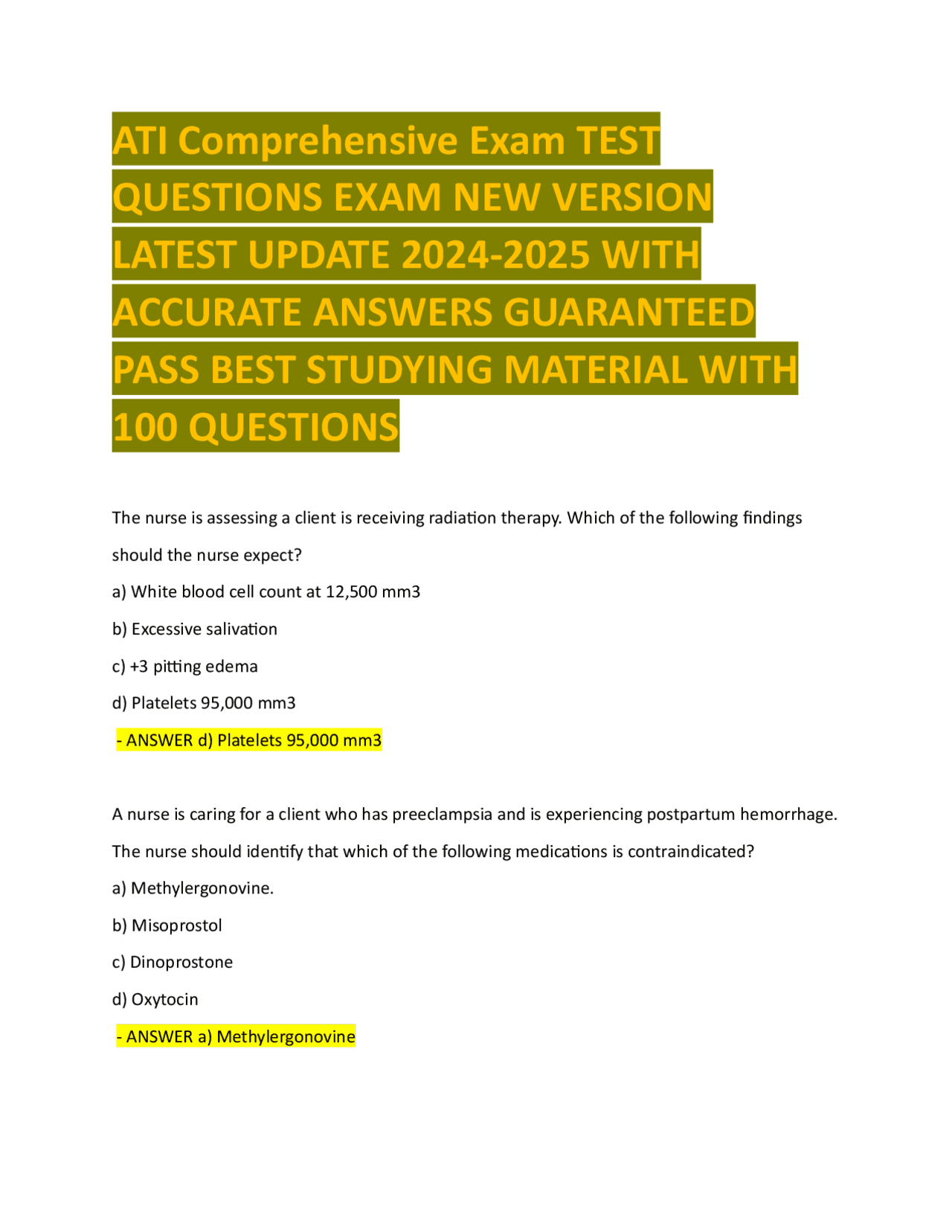Comprehensive Exam TEST QUESTIONS EXAM NEW VERSION LATEST UPDATE 2024 ...