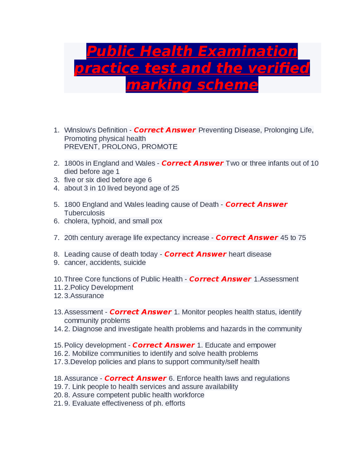 Public Health Examination practice test and the verified marking scheme ...