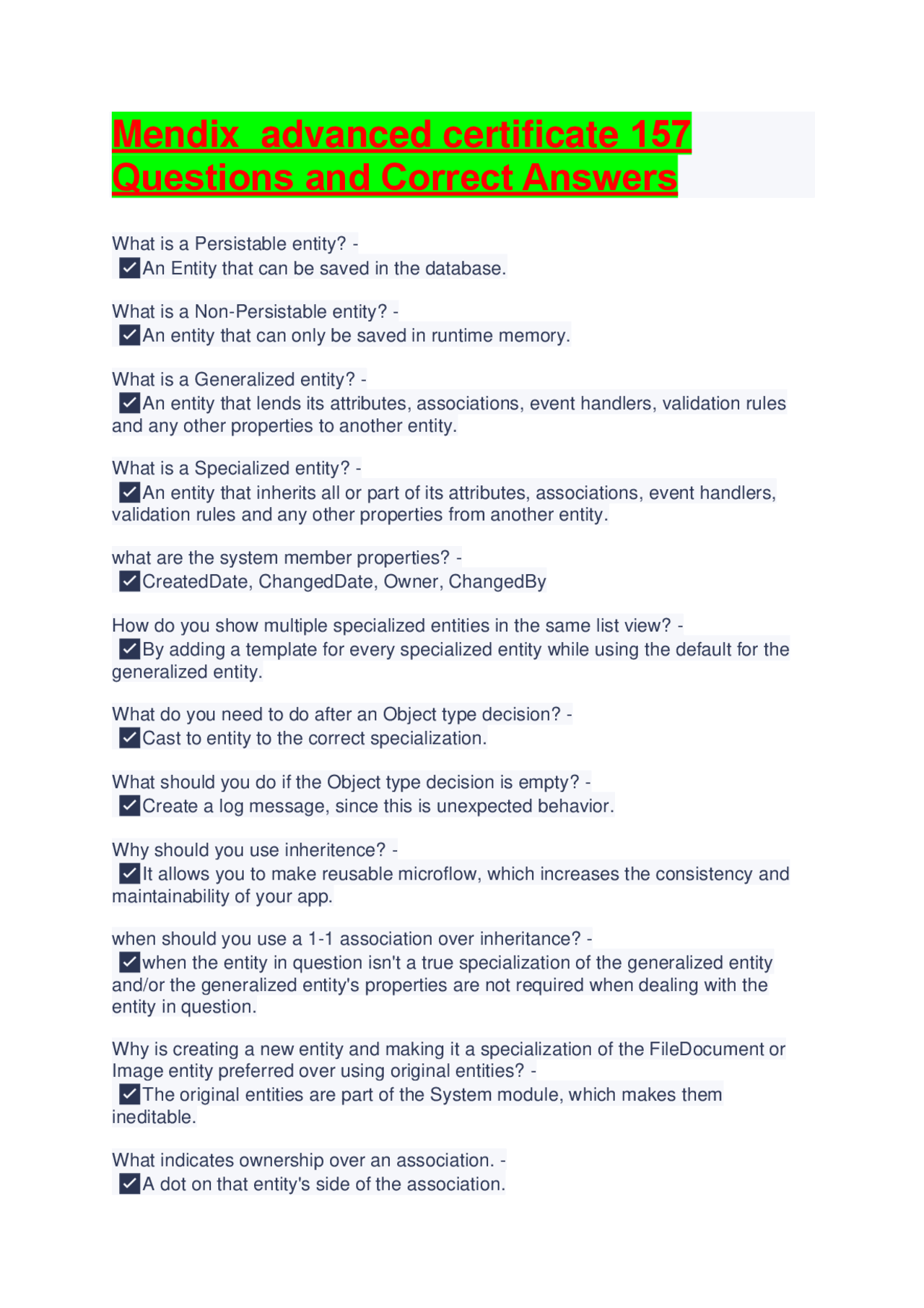 Mendix advanced certificate 157 Questions and Correct Answers.pdf | Exams Nursing | Docsity