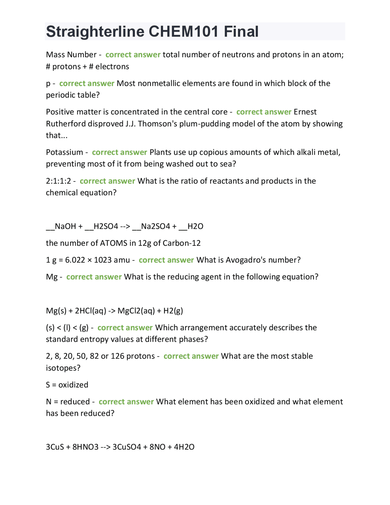 Straighterline CHEM101 Final Exam Review | Exams Chemistry | Docsity